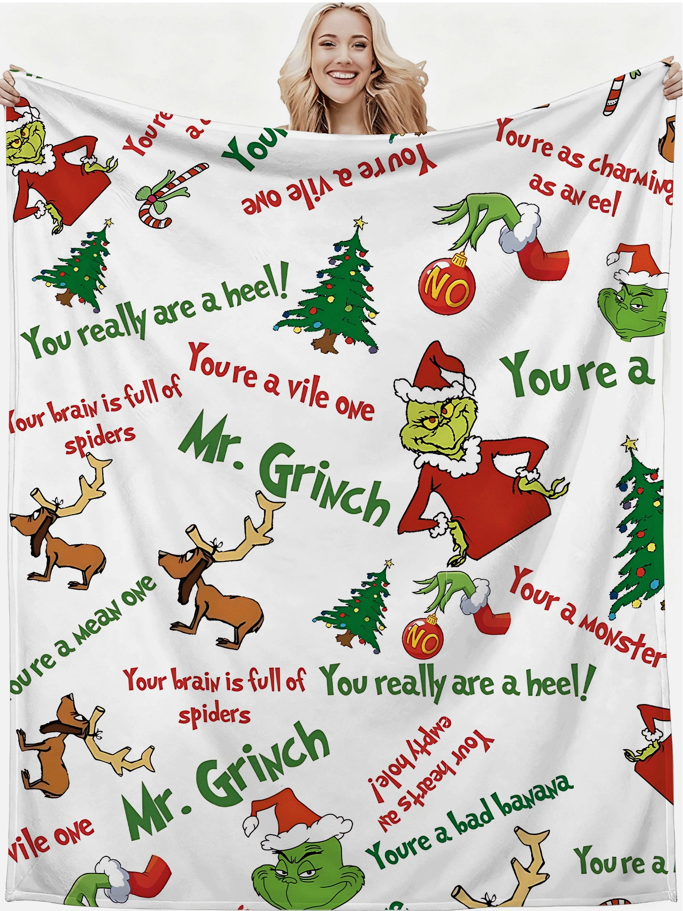 Festive Flannel Throw Blanket With A HolidayThemed Grinched Print ...