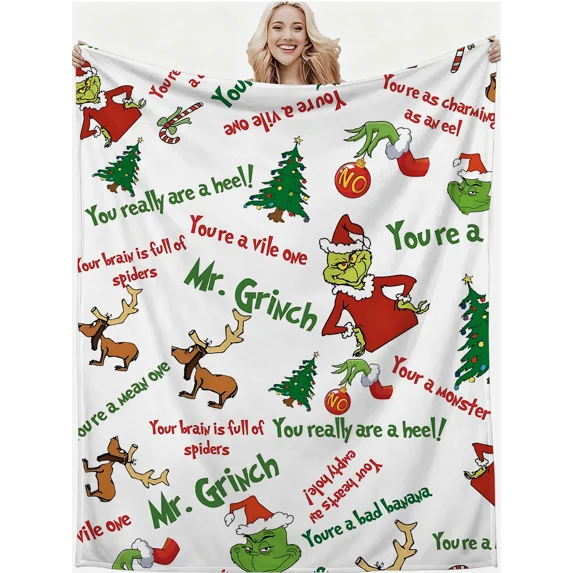 Festive Flannel Throw Blanket With A HolidayThemed Grinched Print ...