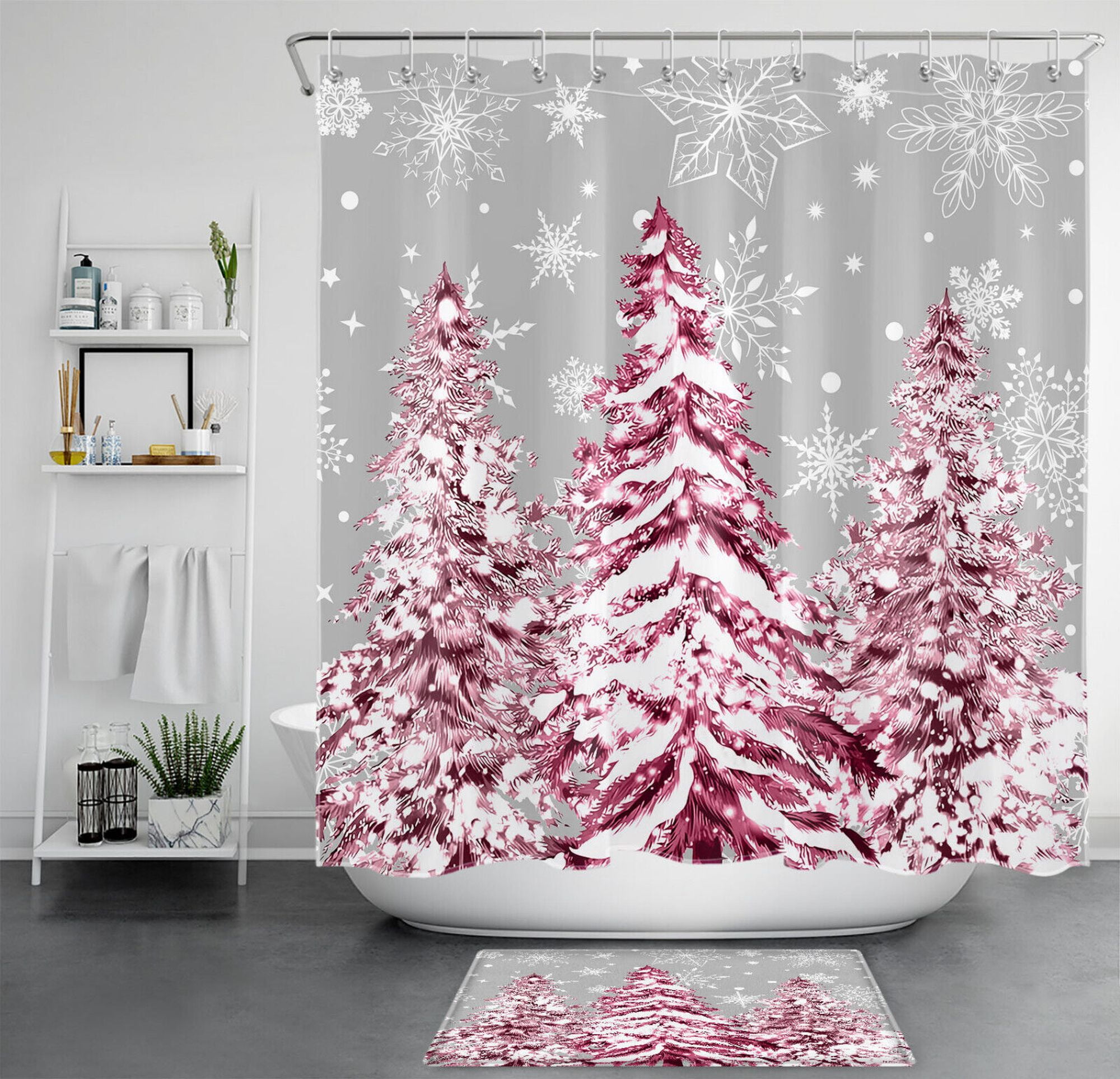 Festive Flurry Shower Curtain - Pink Pine Tree Snowflakes Bathroom ...