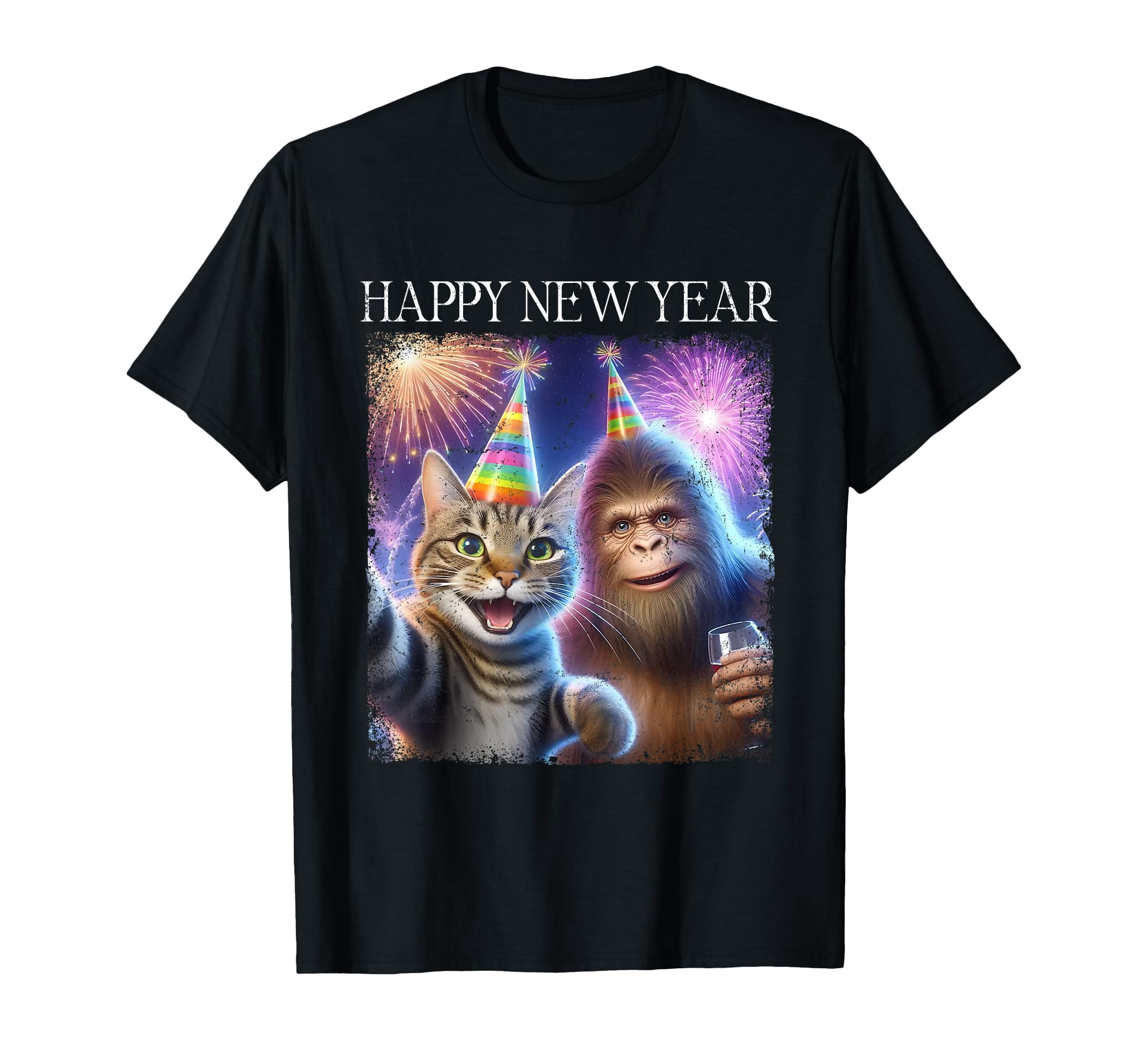 Festive Funny Cat Bigfoot Party Art T-Shirt for Happy New Year 2026 ...