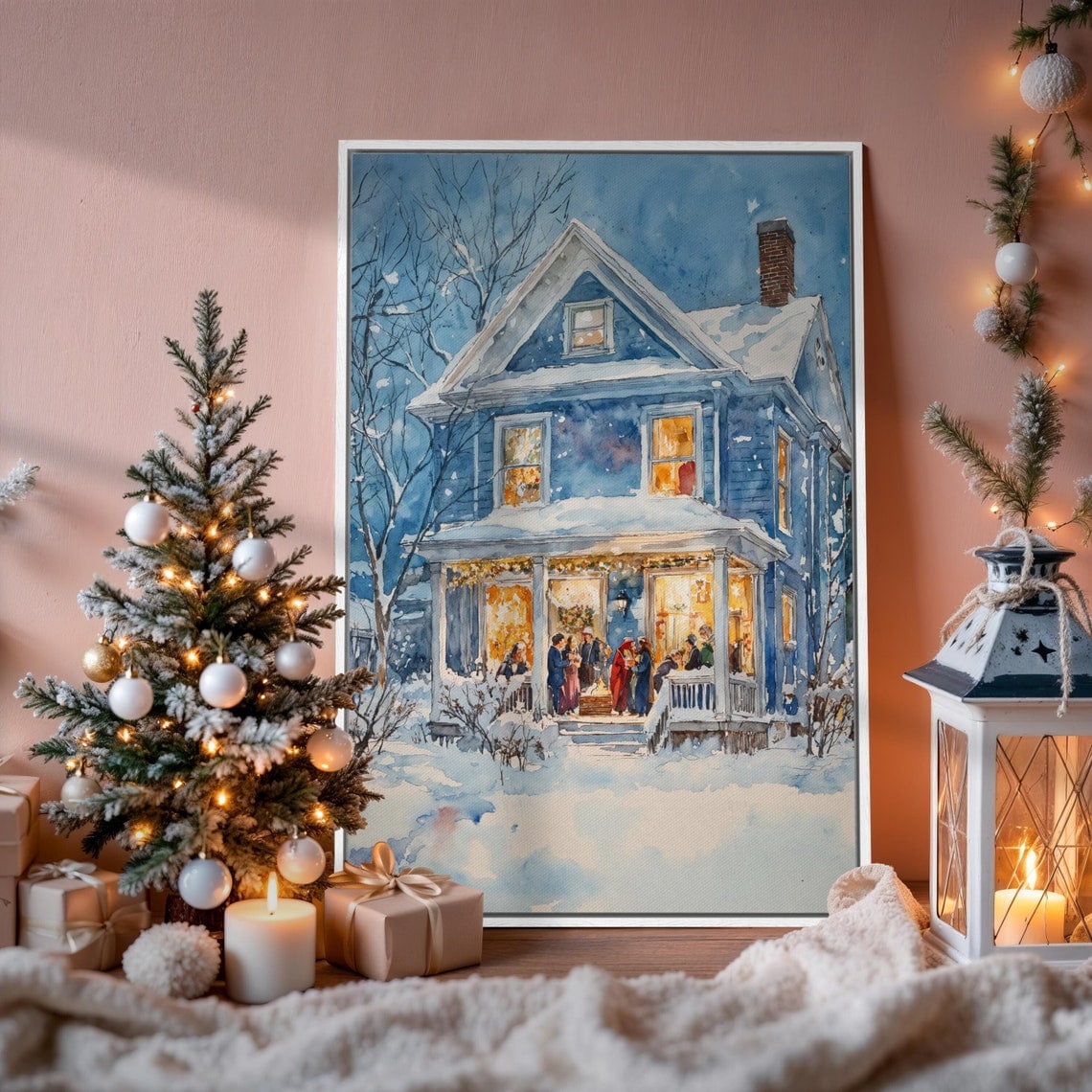Festive Gathering In Snowy House Poster Cozy Winter Night Wall Art ...