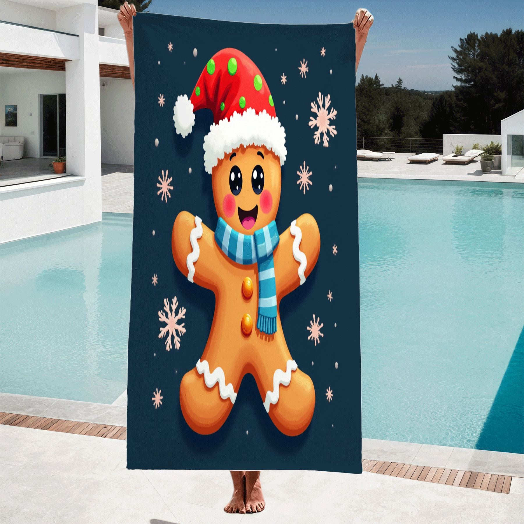 Festive Gingerbread Man Beach Towel - Cheerful Design with Santa Hat ...