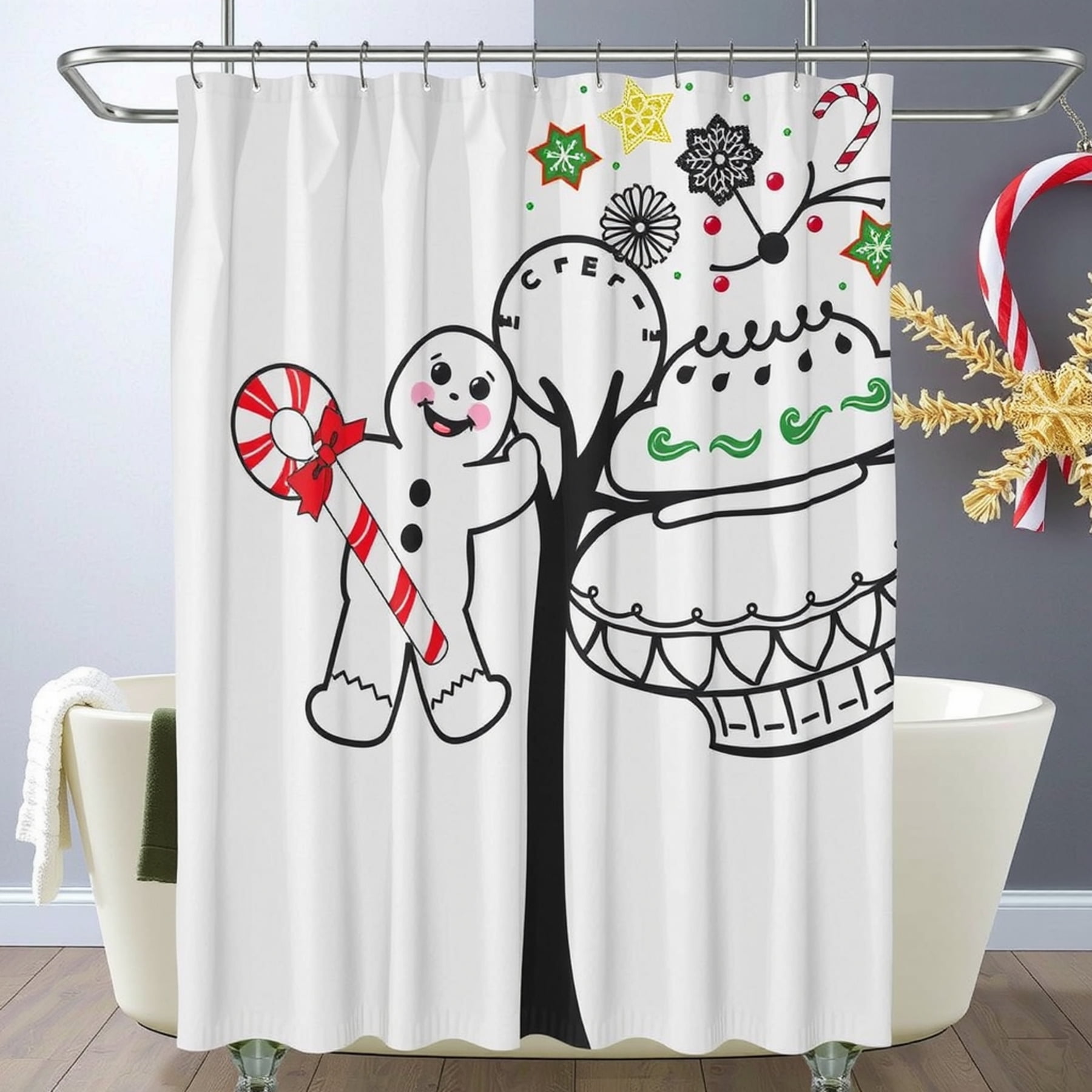 Festive Gingerbread Man Shower Curtain with Candy & Holiday Designs ...