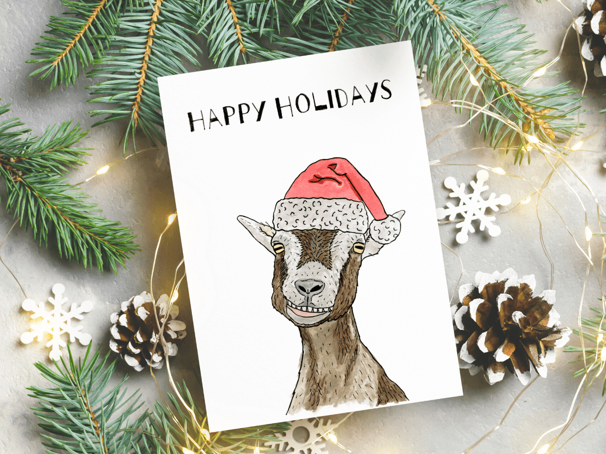 Festive Goat Holiday Card – “Happy Holidays” Message with Adorable Goat ...