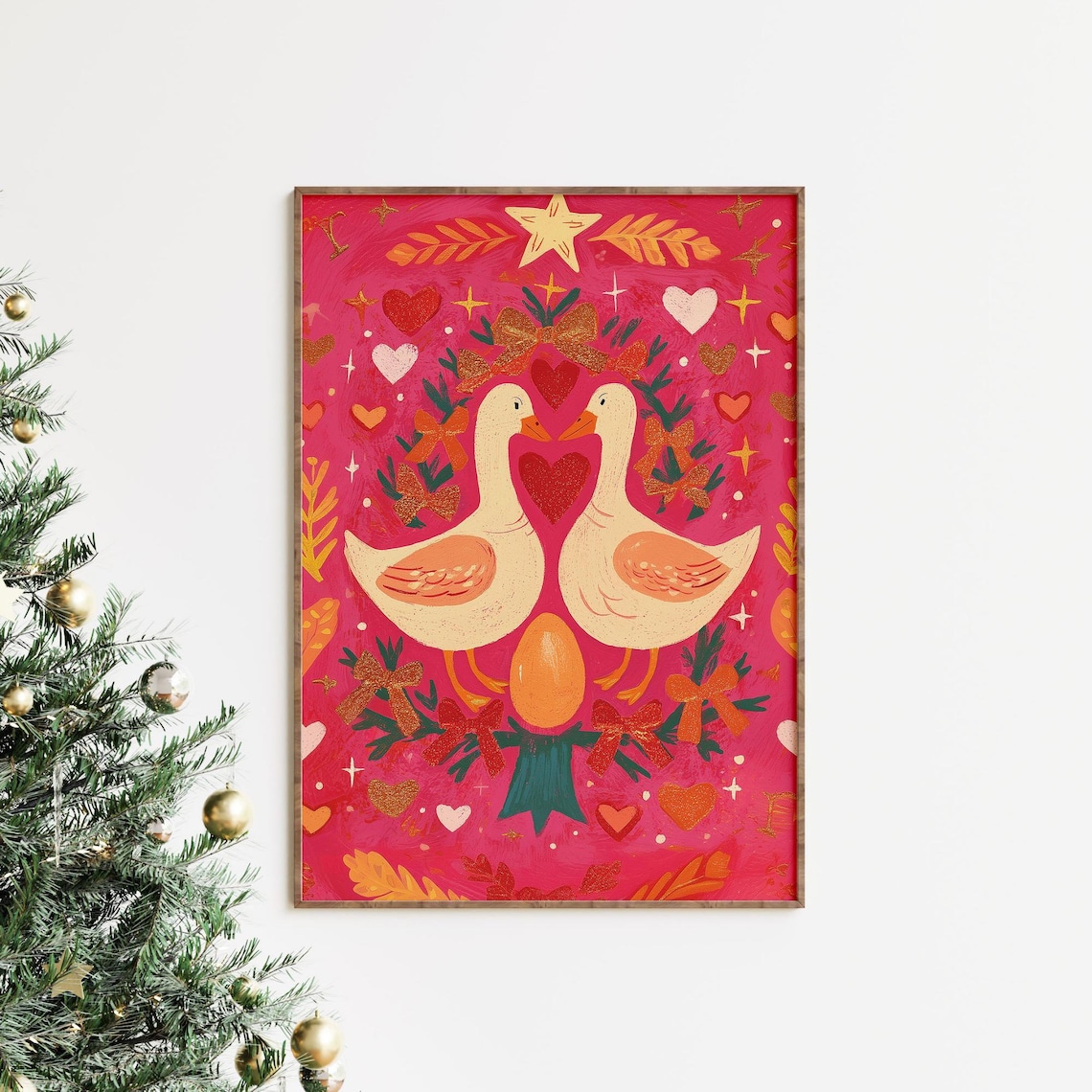 Festive Goose Couple Wall Art Expecting Parents Print Winter Festive ...