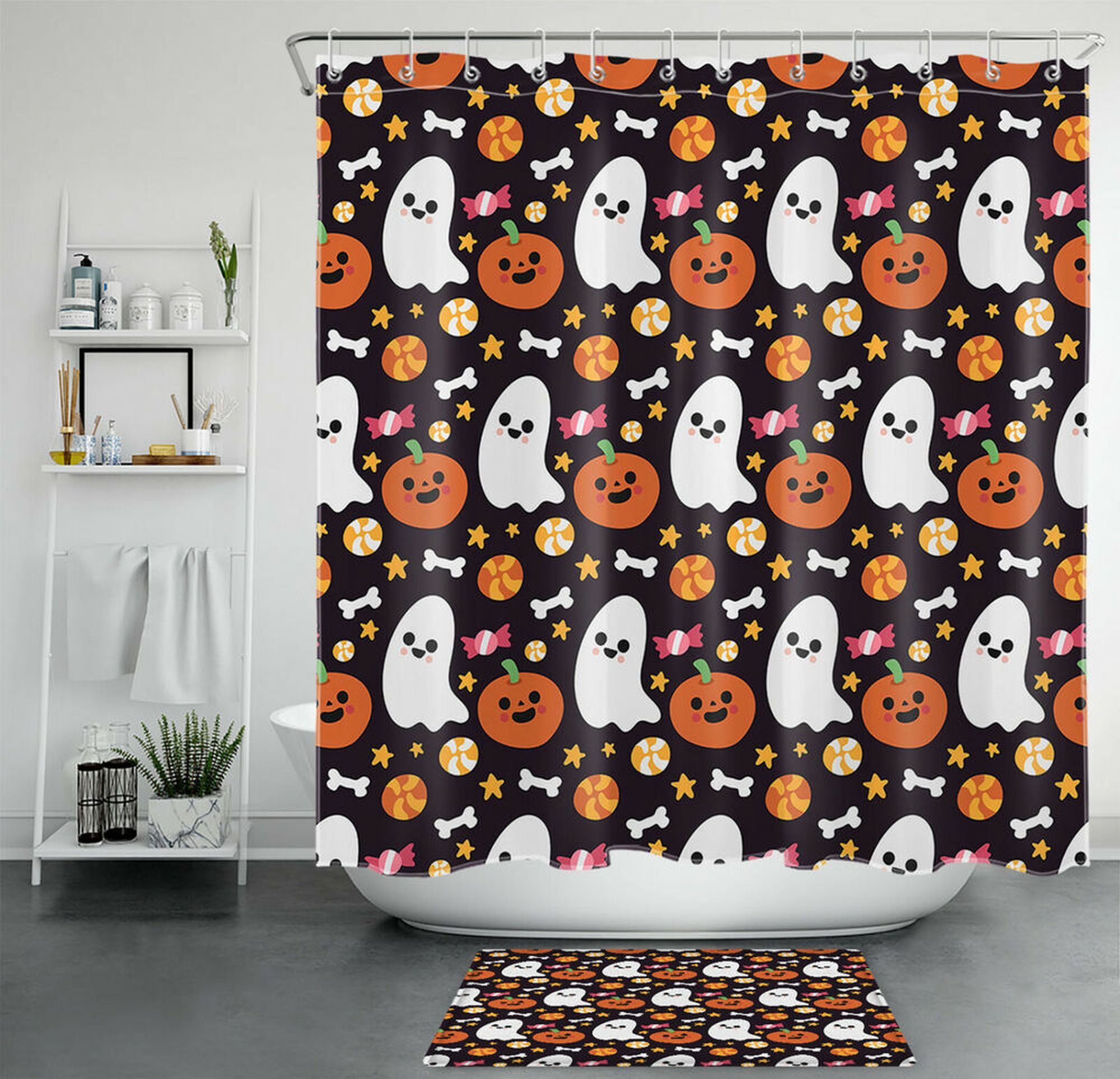 Festive Halloween Shower Curtain Cute Pumpkin And Ghost Design For