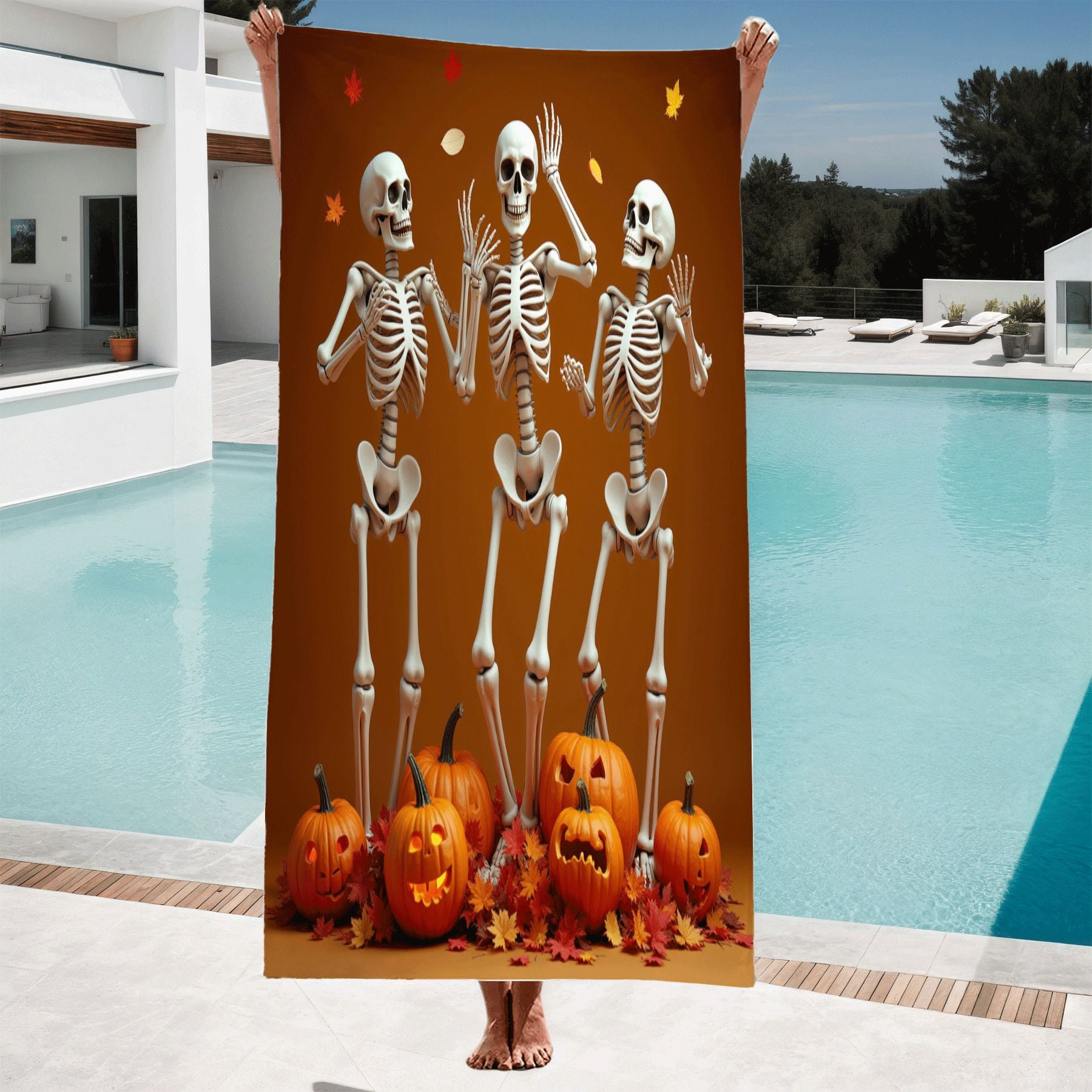 Festive Halloween Skeletons on Pumpkins Beach Towel - Fun Spooky Design ...