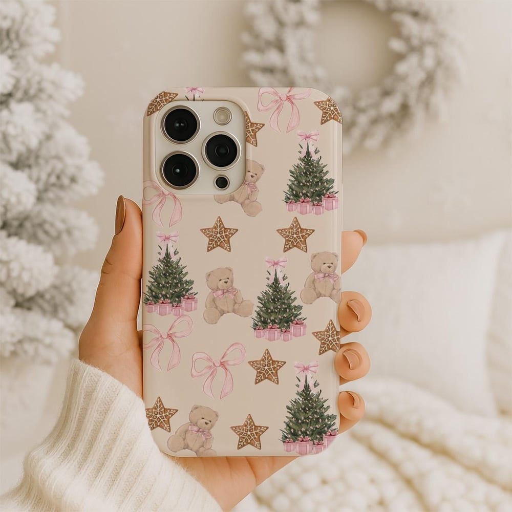 Festive Holiday Bear Tree Pink Bow Star Phone Case with iPhone 17 to 11 ...