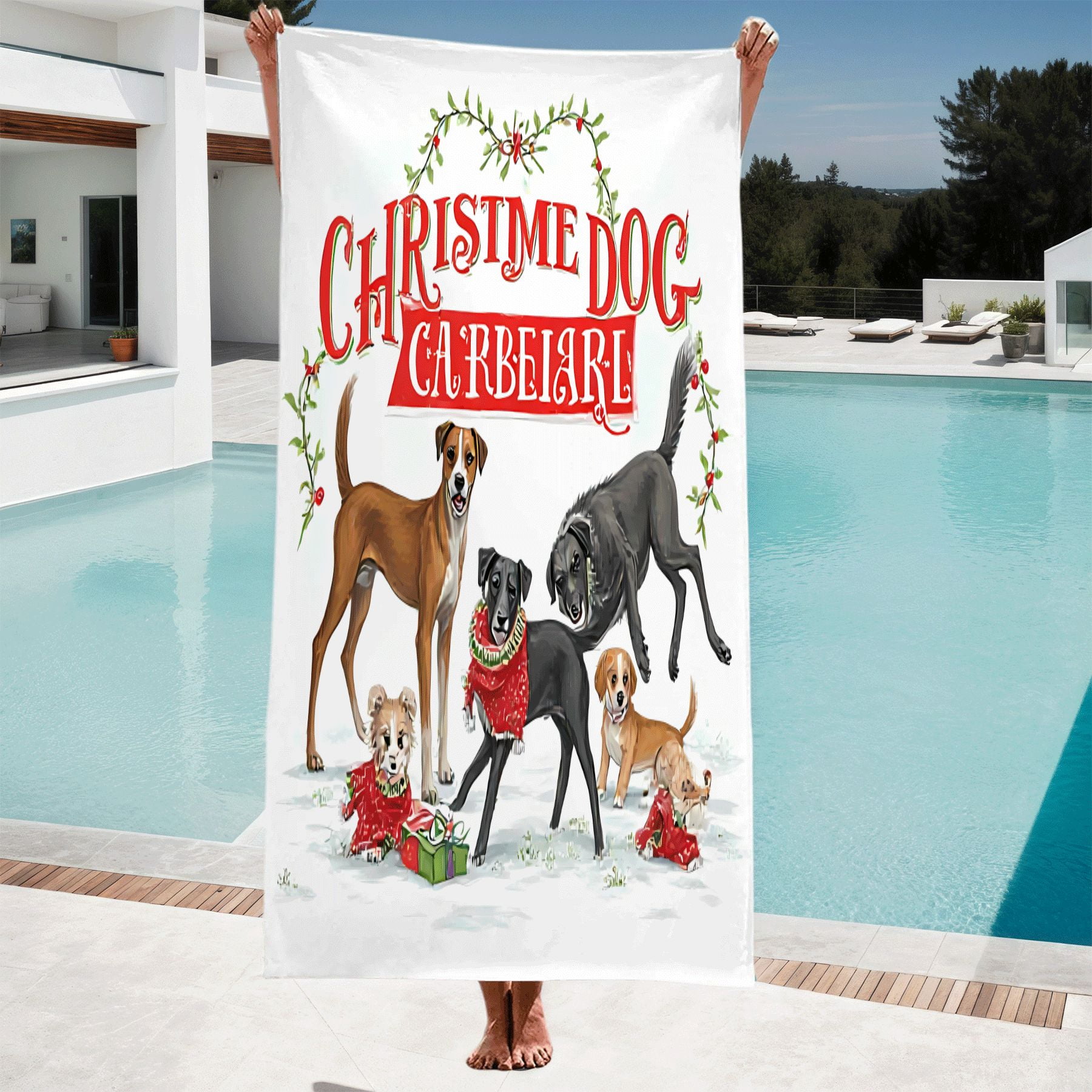 Festive Holiday Dogs Bath Towel - Cheerful Canines in Red Accessories ...