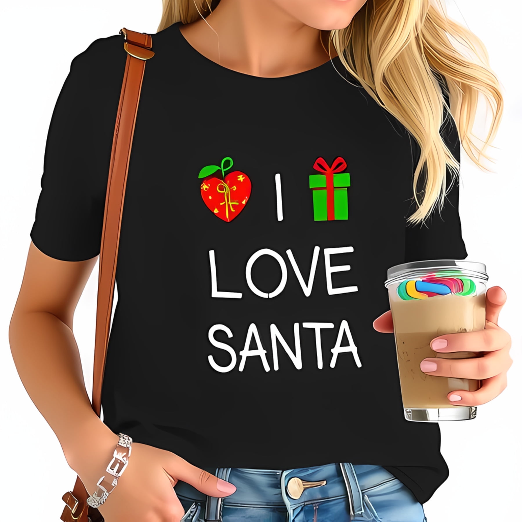Festive Holiday Graphic T-Shirt I Love Santa Design Cotton Short Sleeve ...