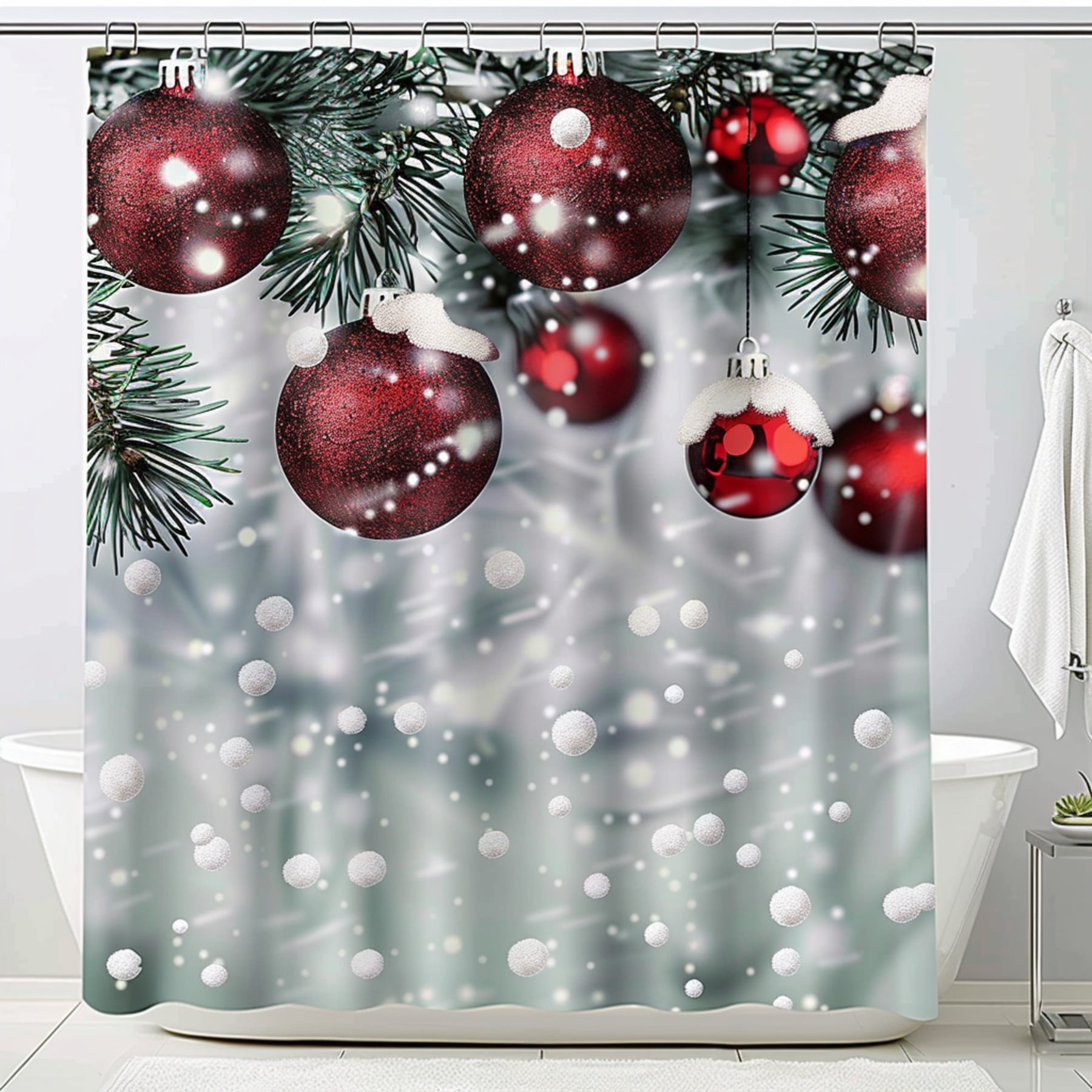 Festive Holiday Shower Curtain with Snowflakes Pine Branches and Red ...