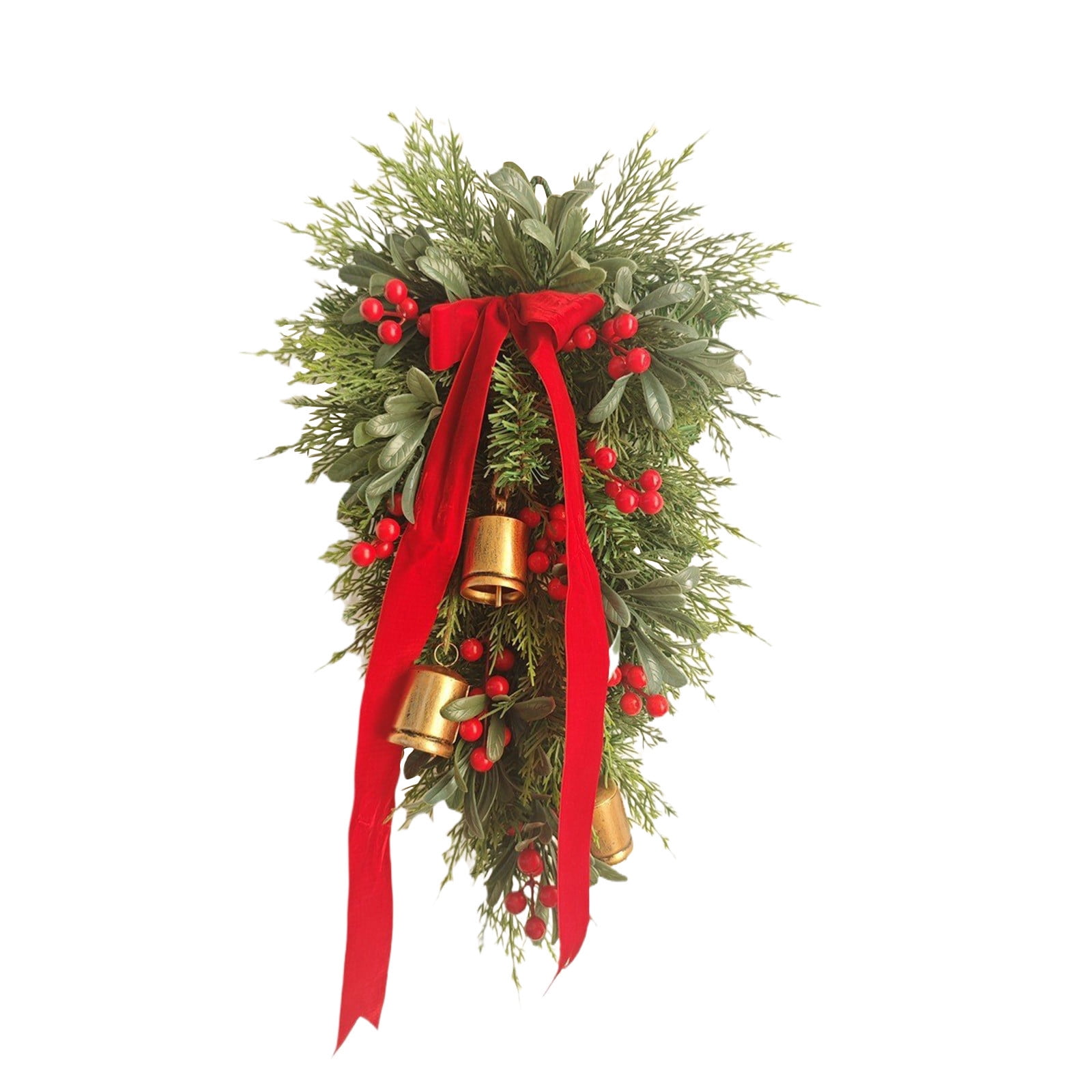 Festive Holiday Swag with Red Ribbon and Bells Greenery and Red Berries ...