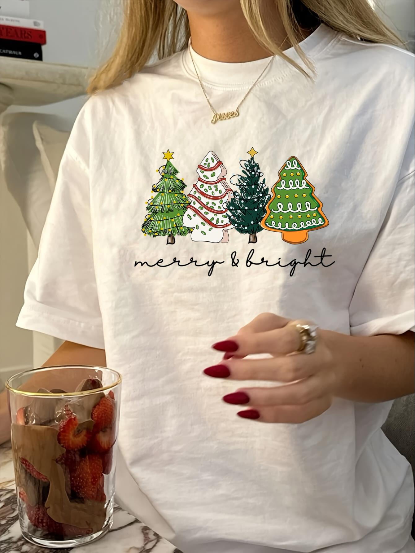 Festive Joy, Women's Vintage Christmas Tree Graphic T-Shirt - Casual ...