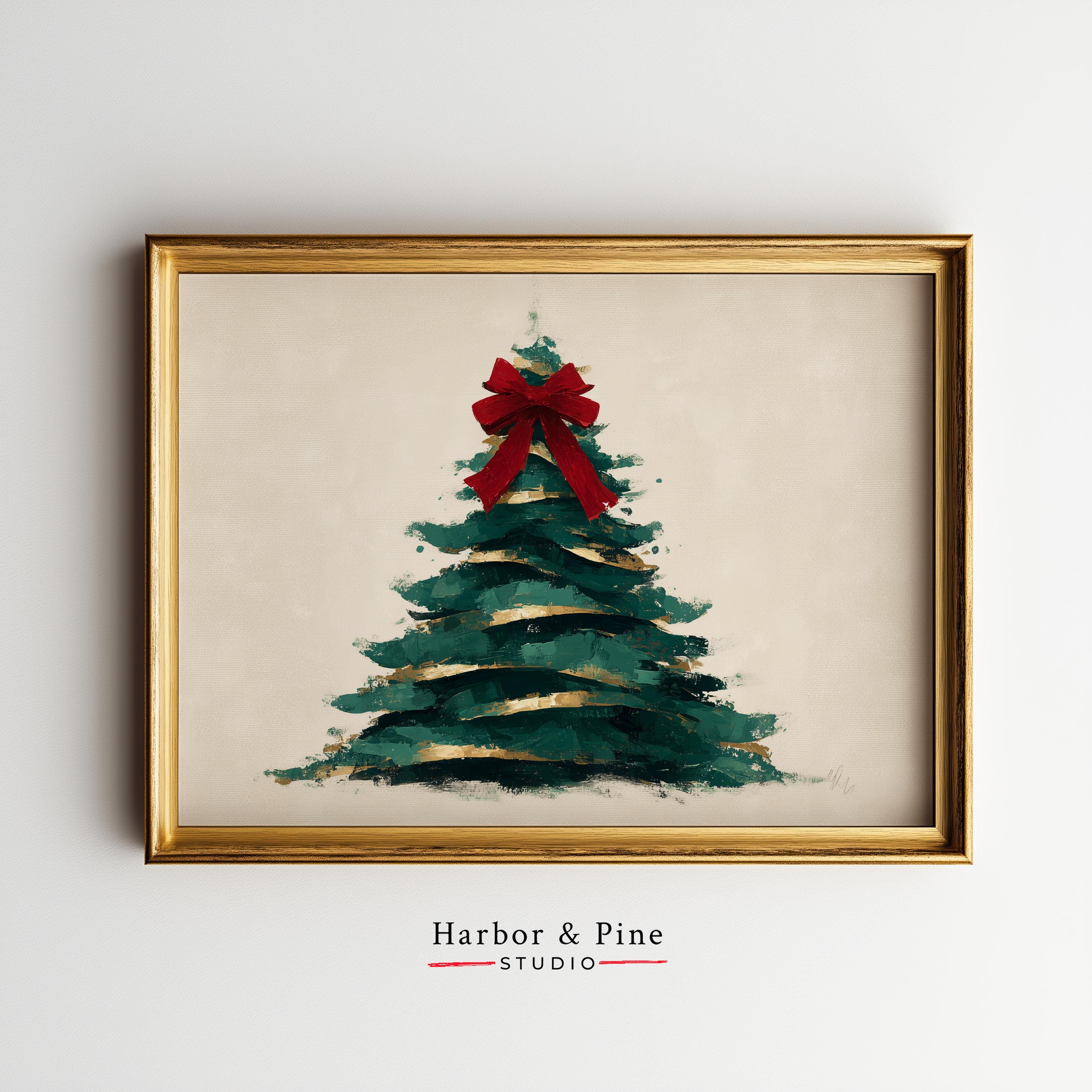 Festive Kristmas Tree Art Print, Cozy Decor, Painterly With Red Bow ...