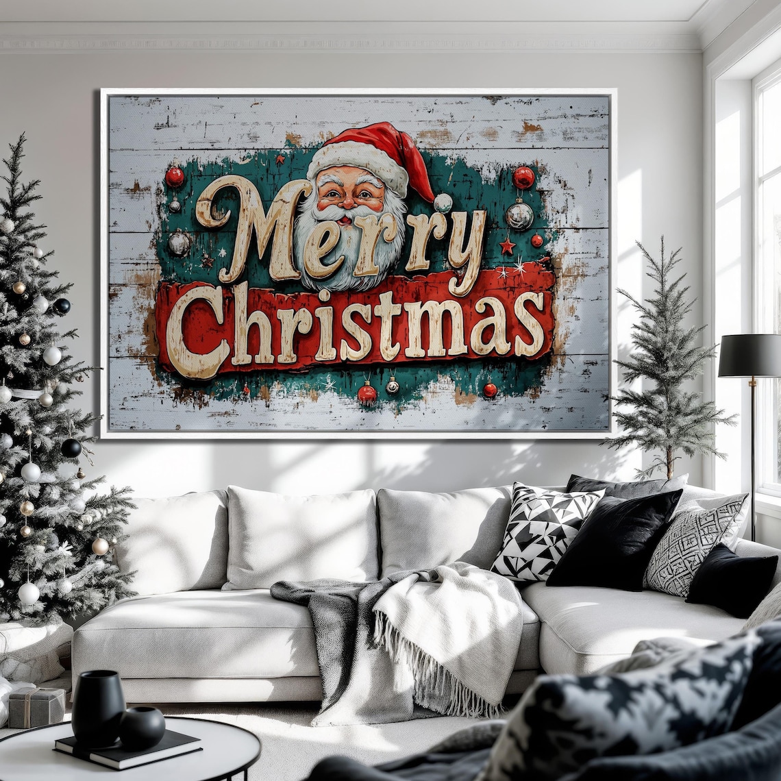 Festive Merry Christmas Wall Art Rustic Santa Claus Print White Red ...