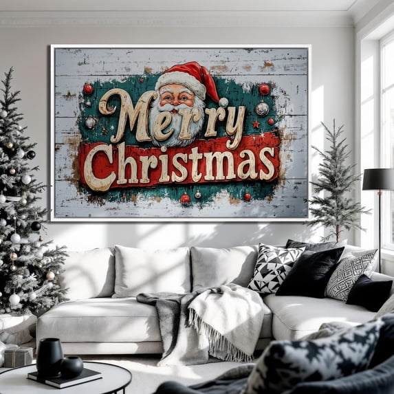 Festive Merry Christmas Wall Art Rustic Santa Claus Print White Red ...