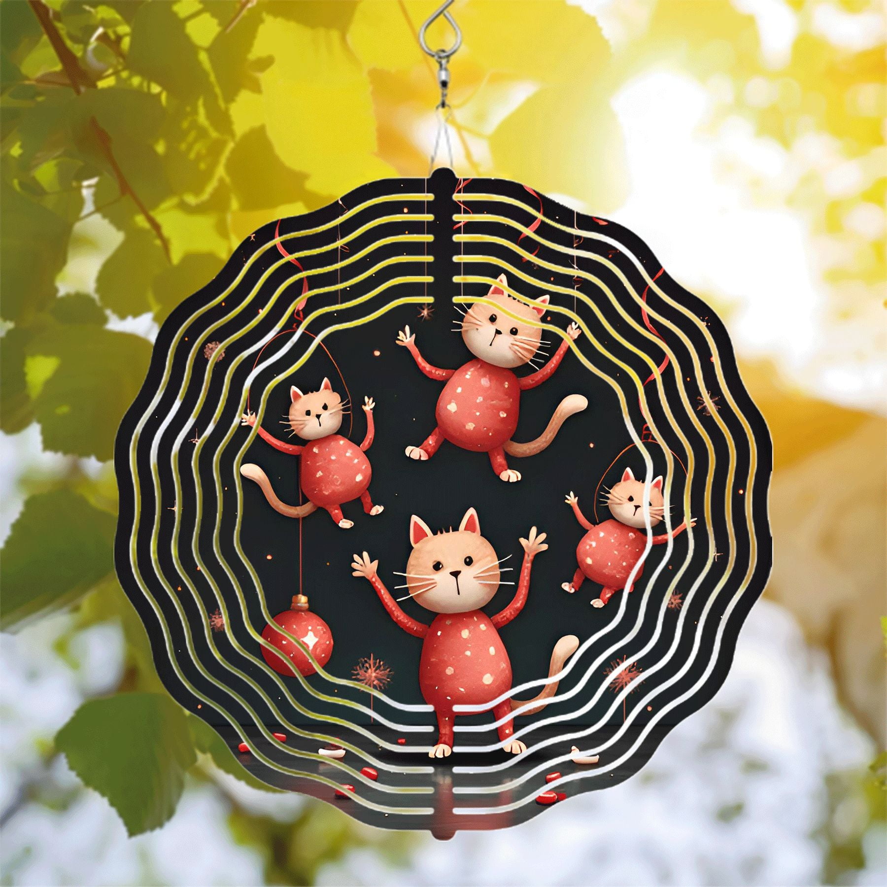 Festive Metal Hanging Wind Spinners & Chimes - Cheerful Cats in Red ...