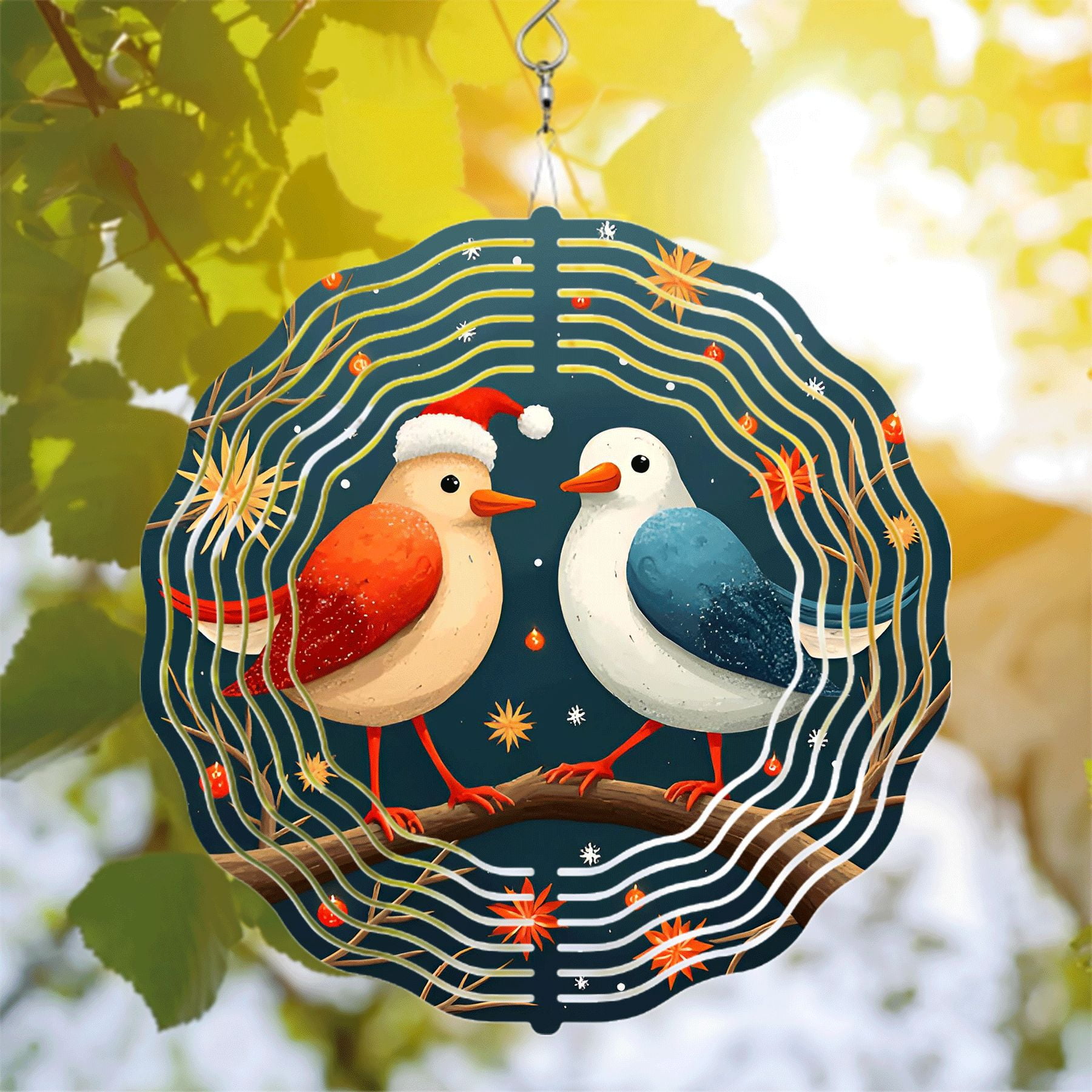 Festive Metal Hanging Wind Spinners & Chimes - Winter Birds with Santa ...