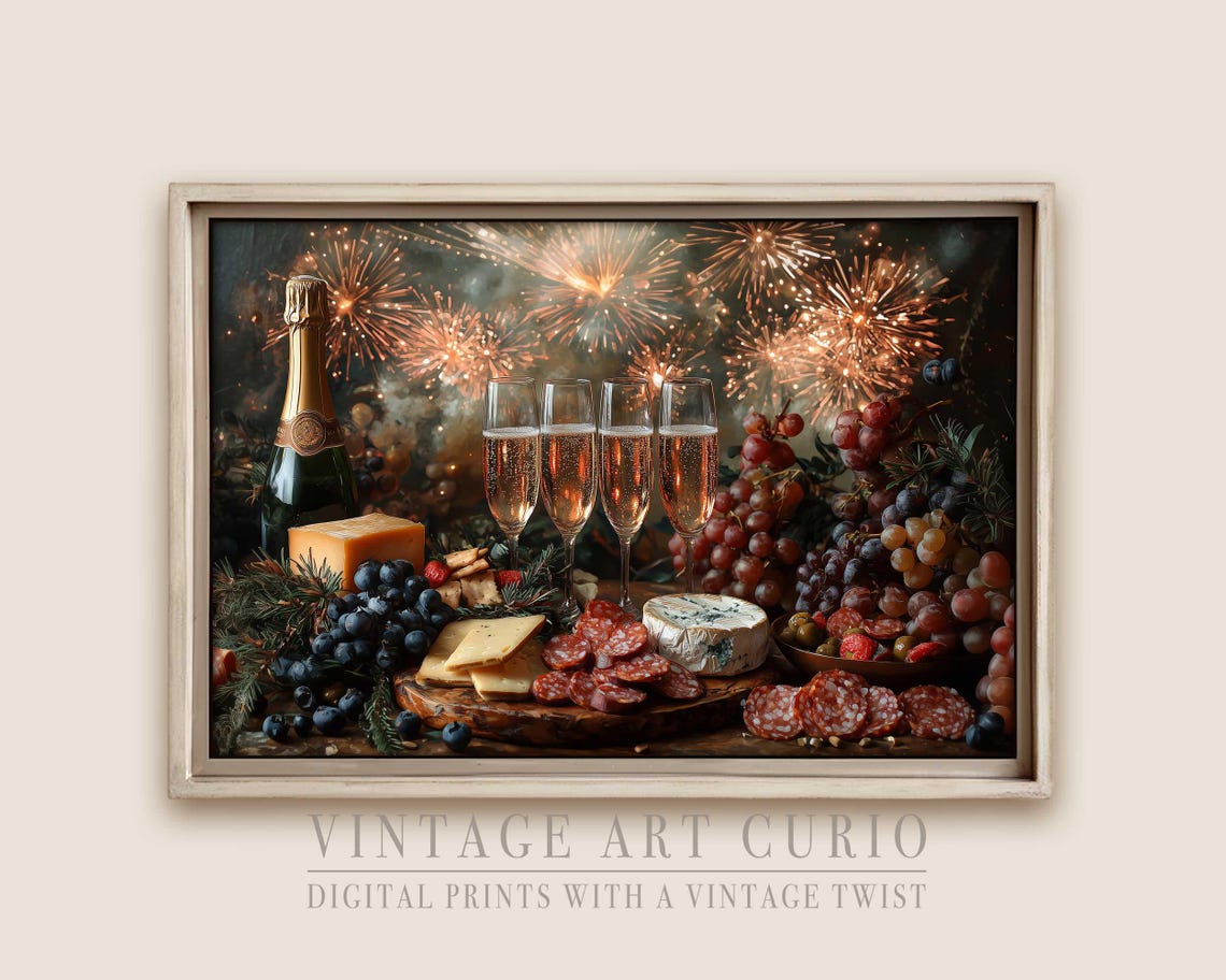 Festive New Years Eve Champagne & Cheese Wall Art Print, Celebration ...