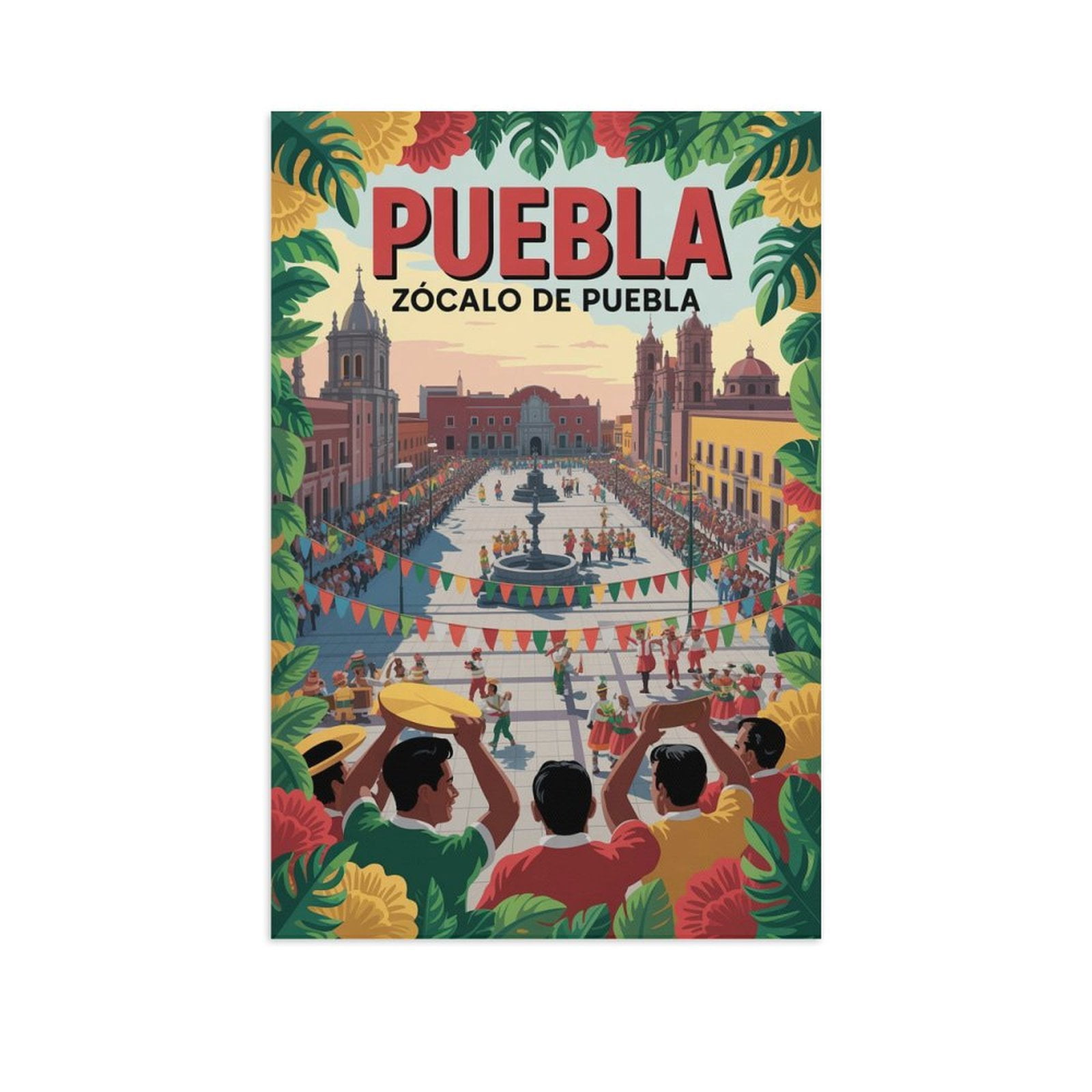 Festive Parade Wall Art Zocalo De Puebla Mexico Retro Travel Poster ...