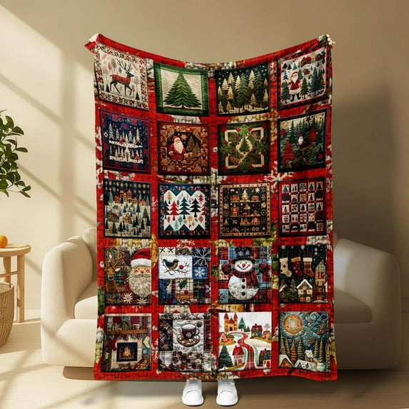 Festive Patchwork Style Christmas Blanket, Soft Warm Flannel with Santa ...