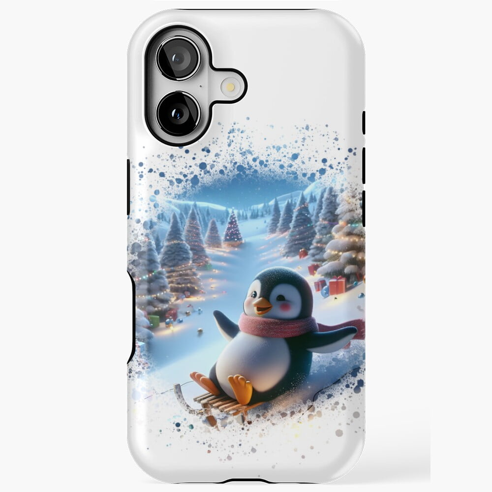 Festive Penguin Sledding on a Snow Phone Case with iPhone 17 to 11 Pro ...