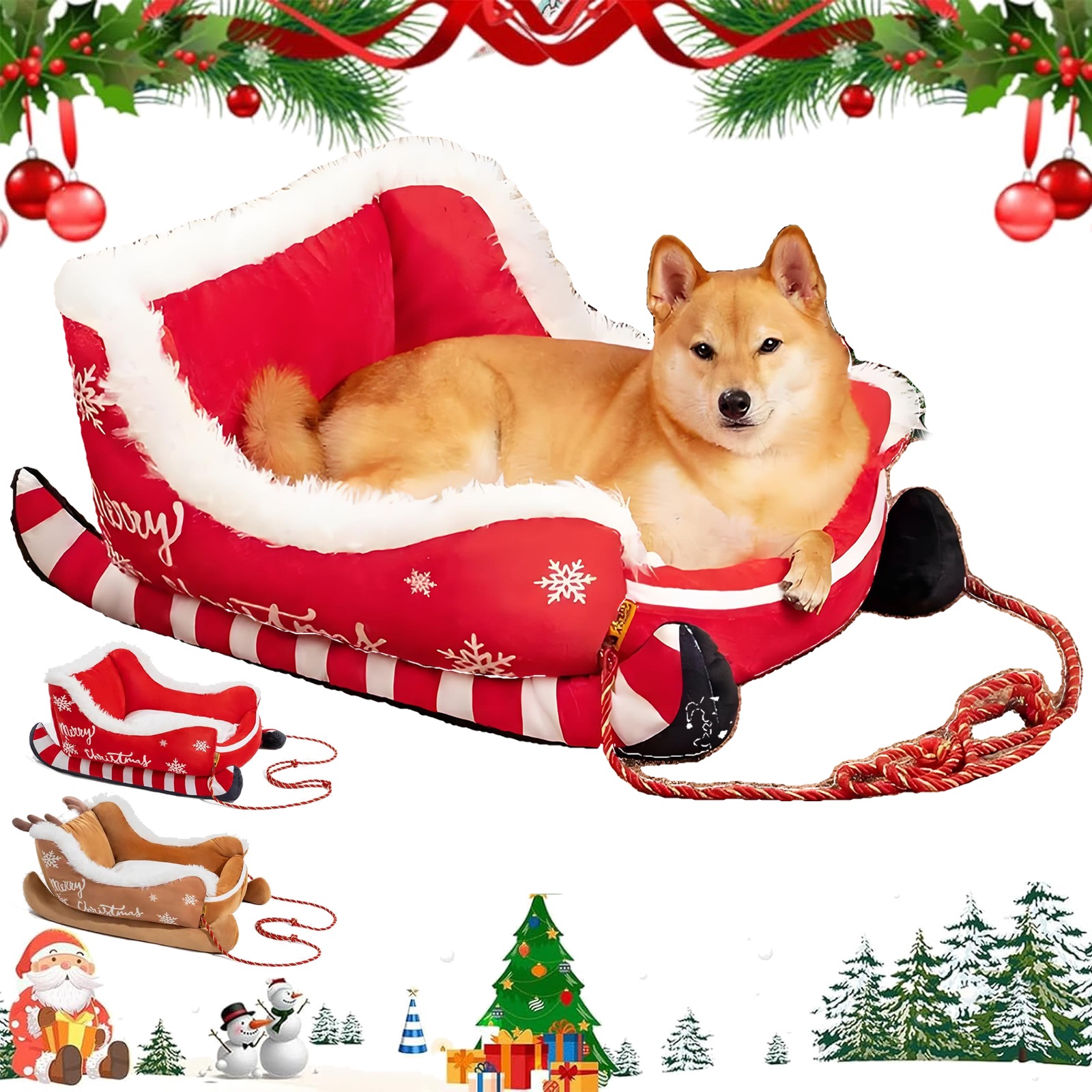 Festive Plush Cosy Dog Bed - Christmas Sleigh, Dog Sleigh Bed ...