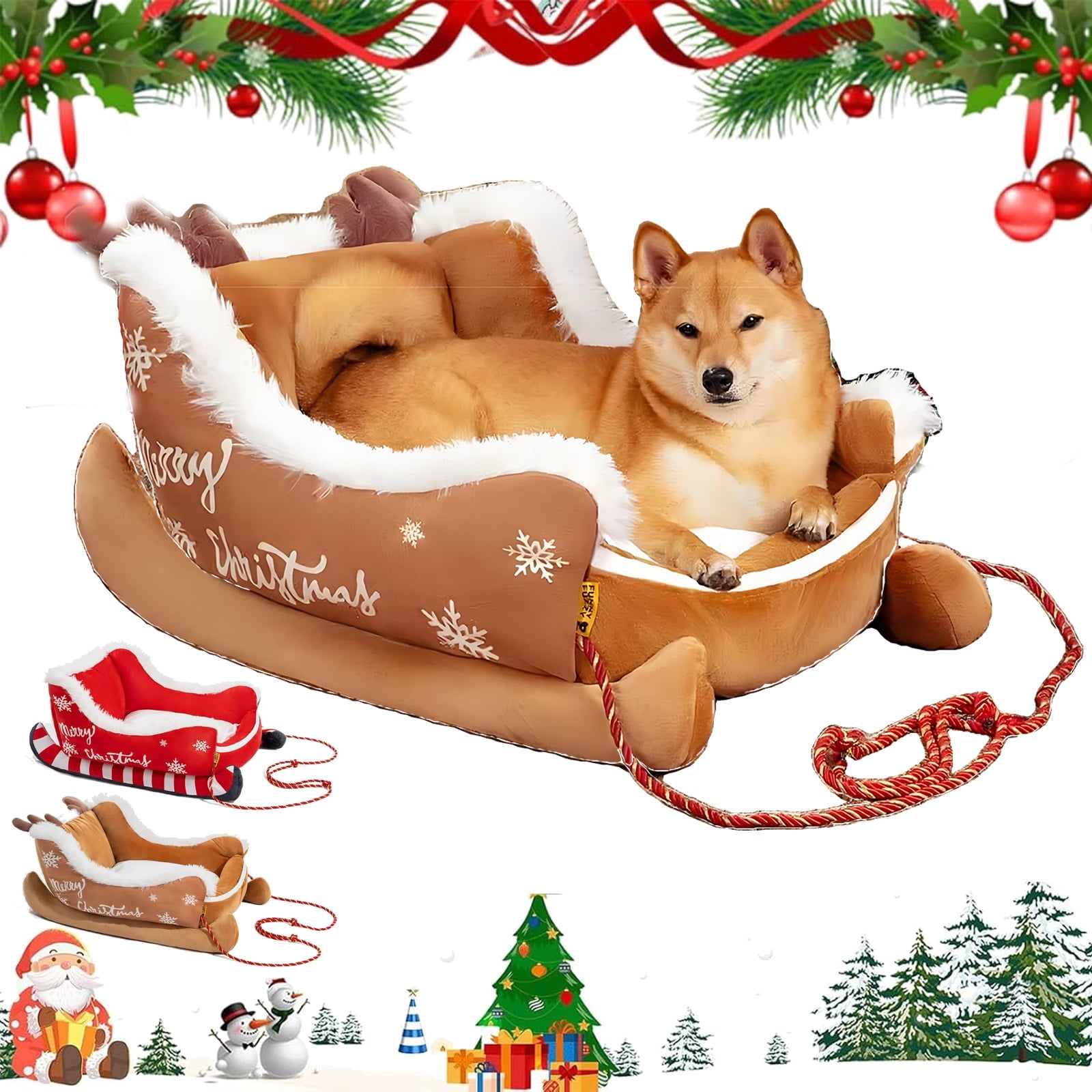 Festive Plush Cosy Dog Bed - Christmas Sleigh, Dog Sleigh Bed ...