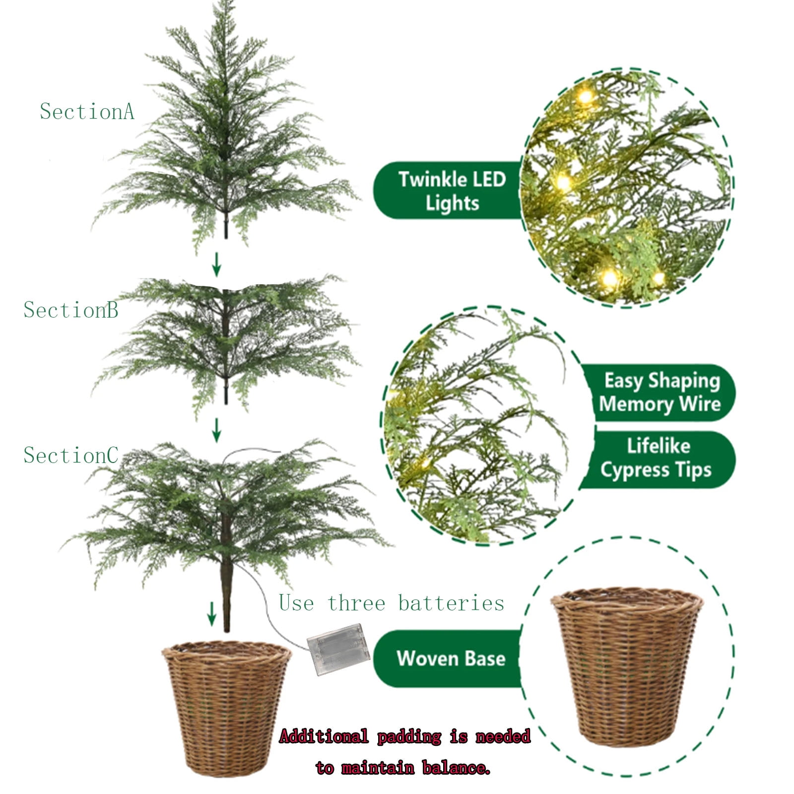 Festive Ready 4ft Pre-Lit Artificial Christmas Tree | 100 Warm White LED Lights & Decorative ...