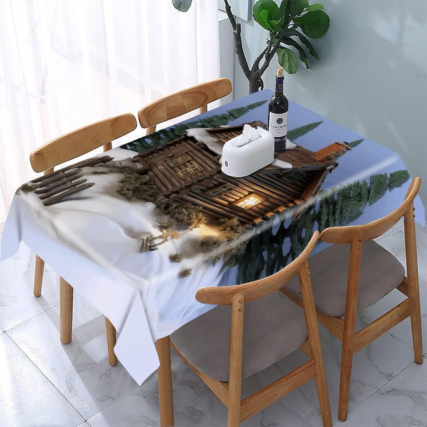 Festive Rectangular Polyester Tablecloth With Rustic Log Cottage ...