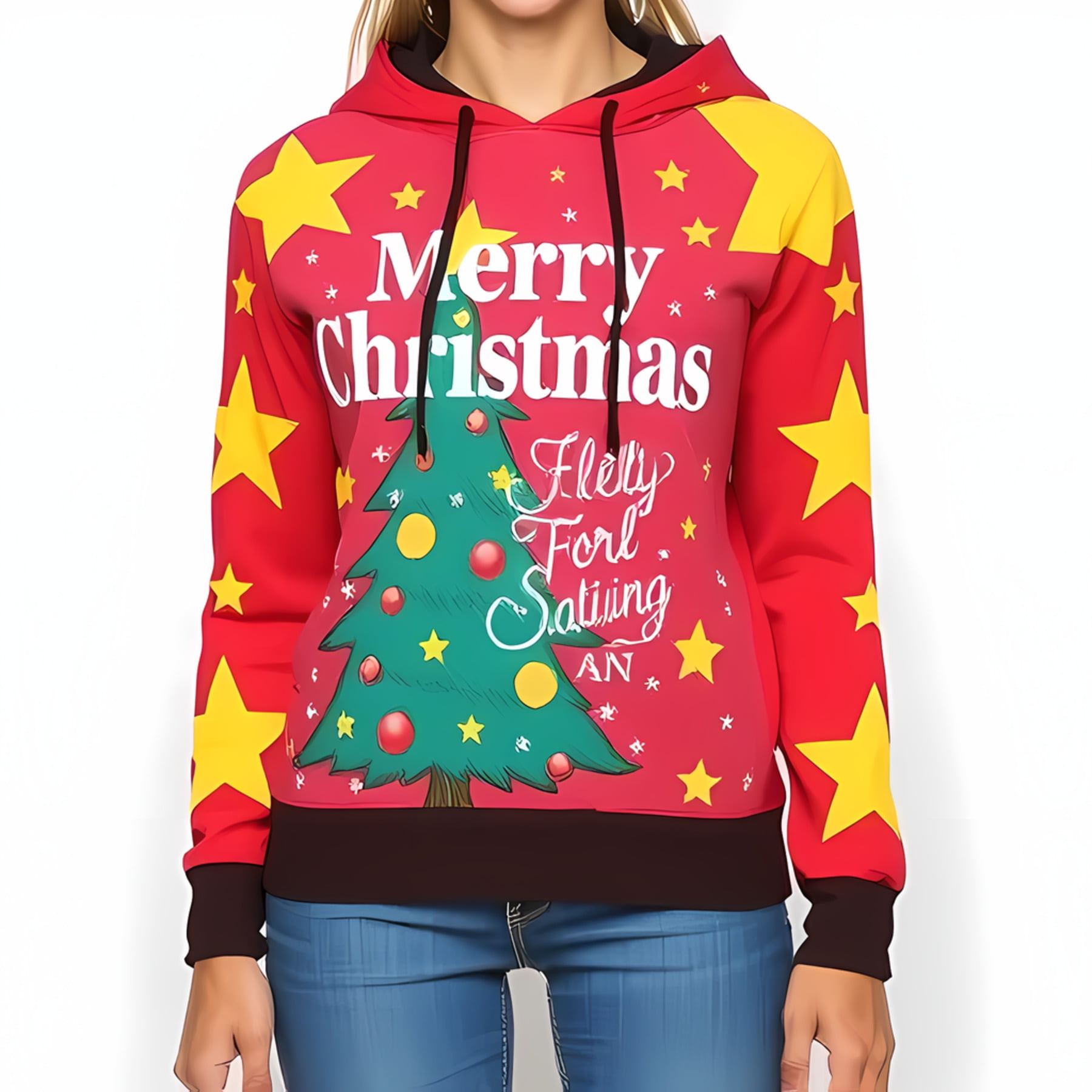 Festive Red 3D Hoodie with Yellow Stars & Christmas Tree Design Merry ...