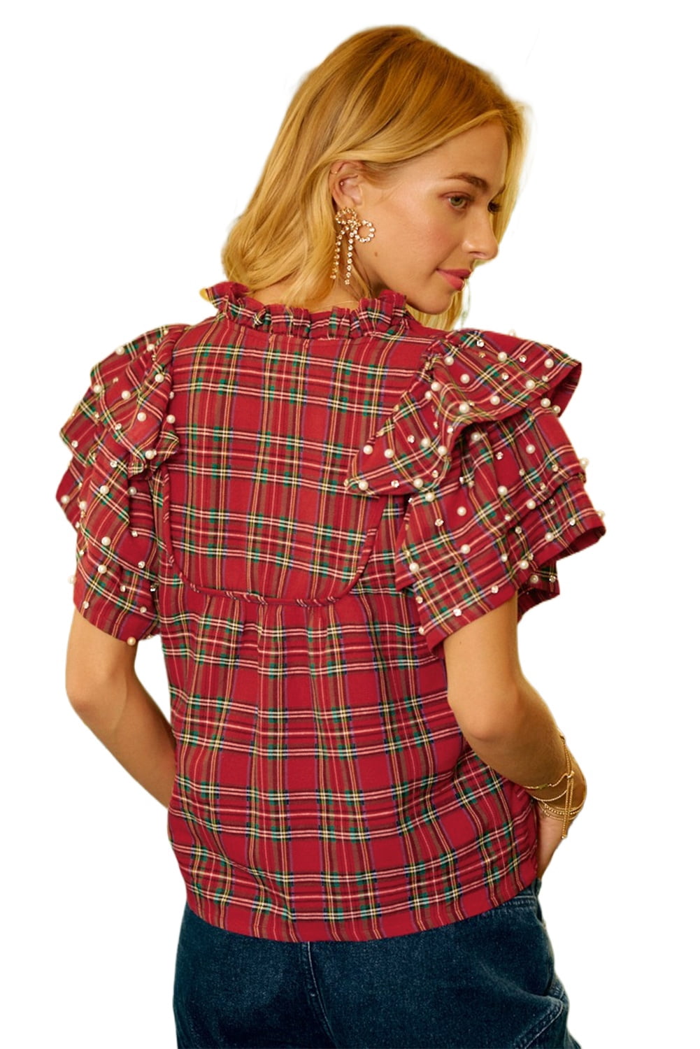 Festive Red Corduroy Plaid Blouse for Women – Pearl-Accented V-Neck ...