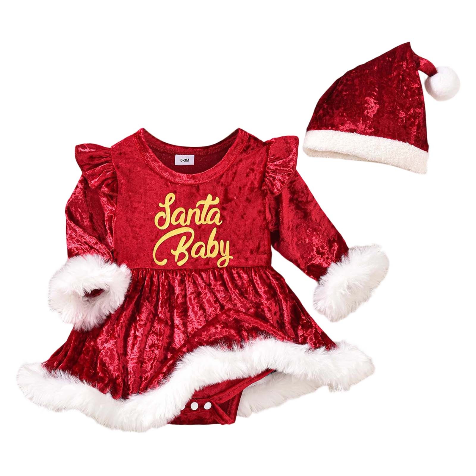 Festive Red Velvet Baby Girl Holiday Outfit with "Santa Baby" Print and ...