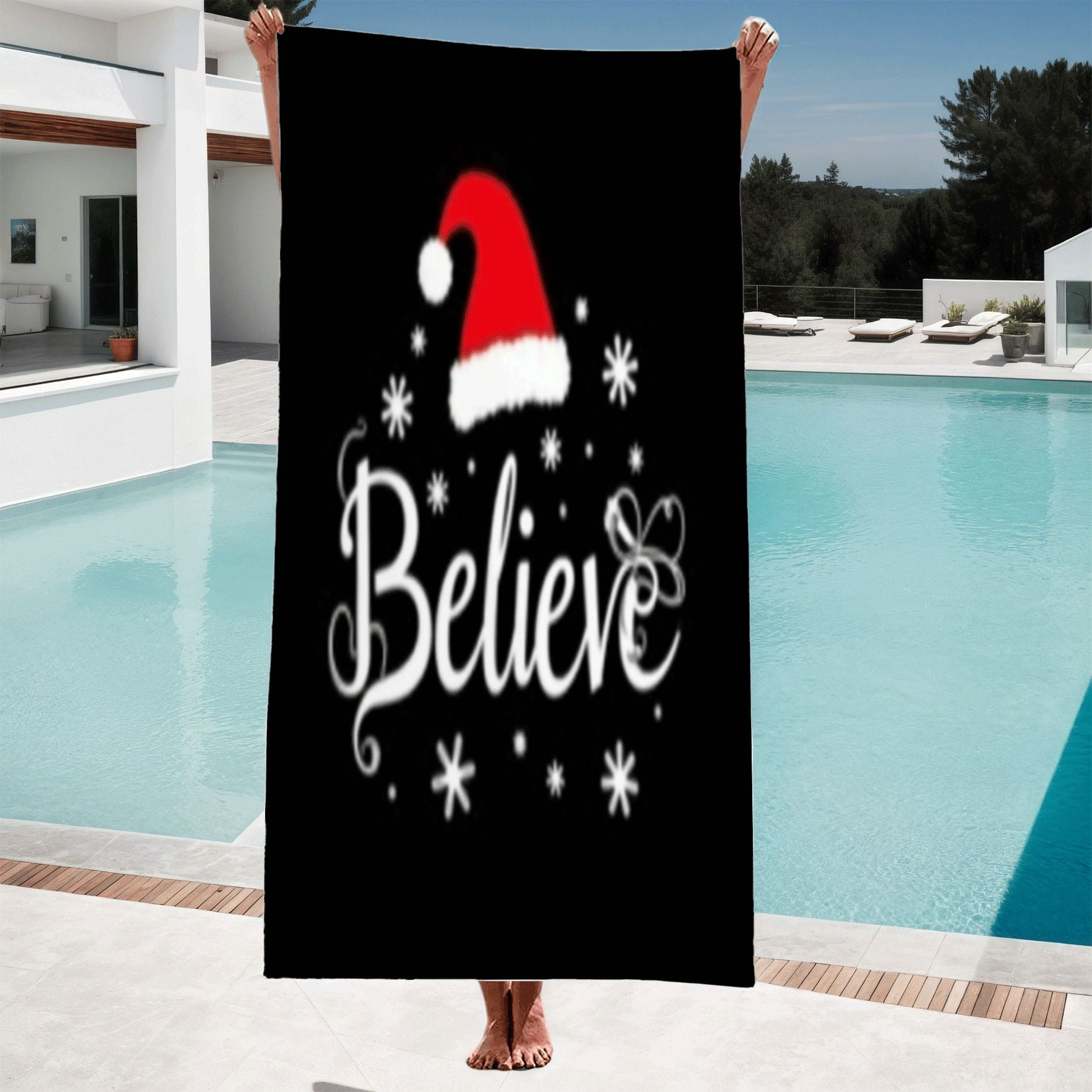 Festive Santa Hat Beach Towel - Red & White Design with ' Believe ' in ...