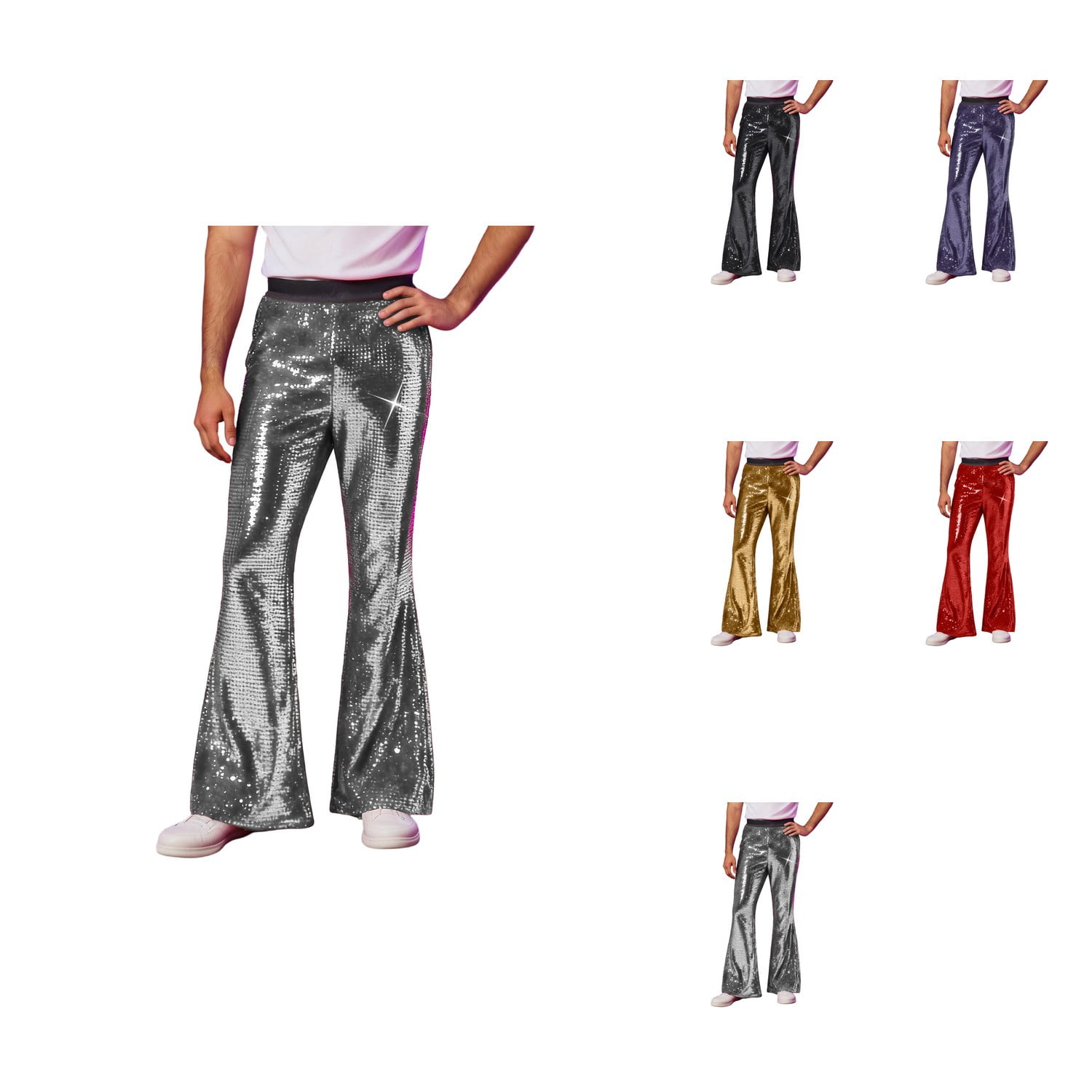 Festive Sequin Party Flare Pants, Men's Metallic Glitter Wide Leg ...