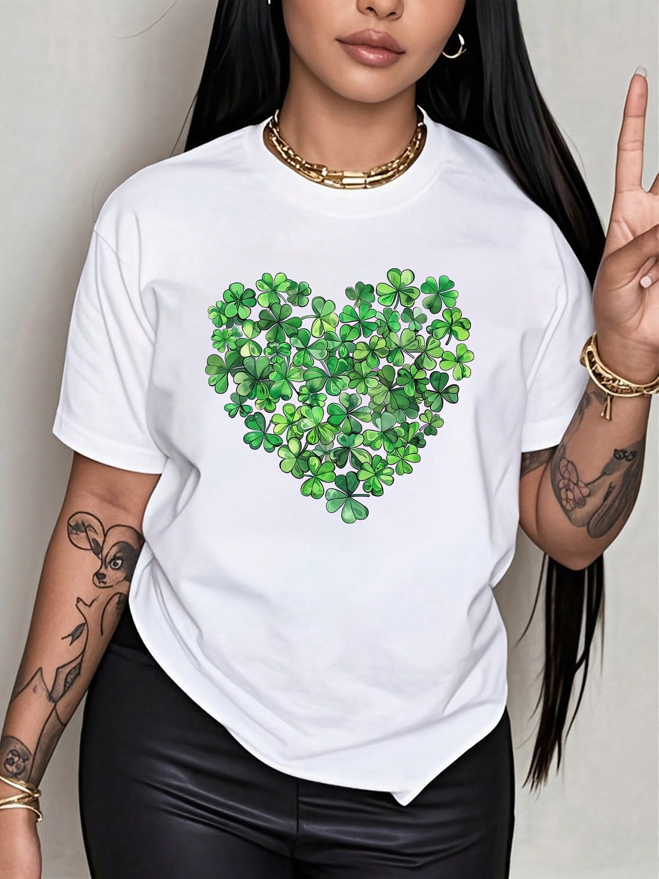 Festive Shamrock Clover Heart Pattern for Women Graphic Short Sleeve T ...