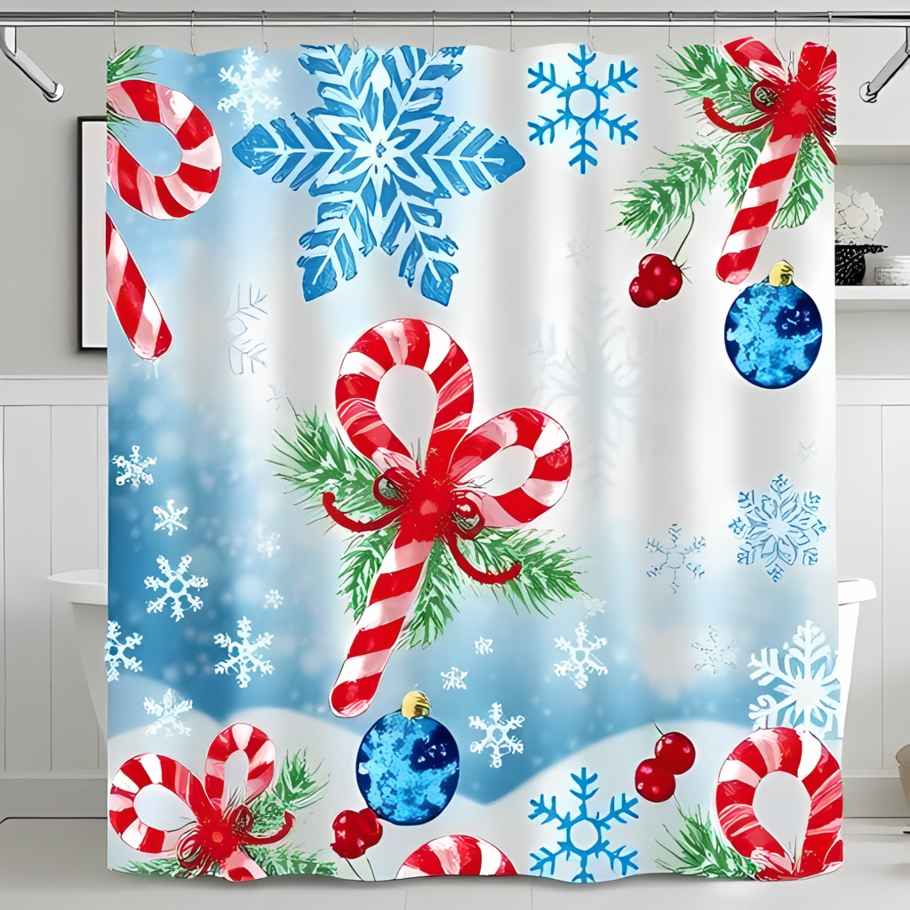 Festive Shower Curtain - Candy Canes Snowflakes & Ornaments for Holiday ...
