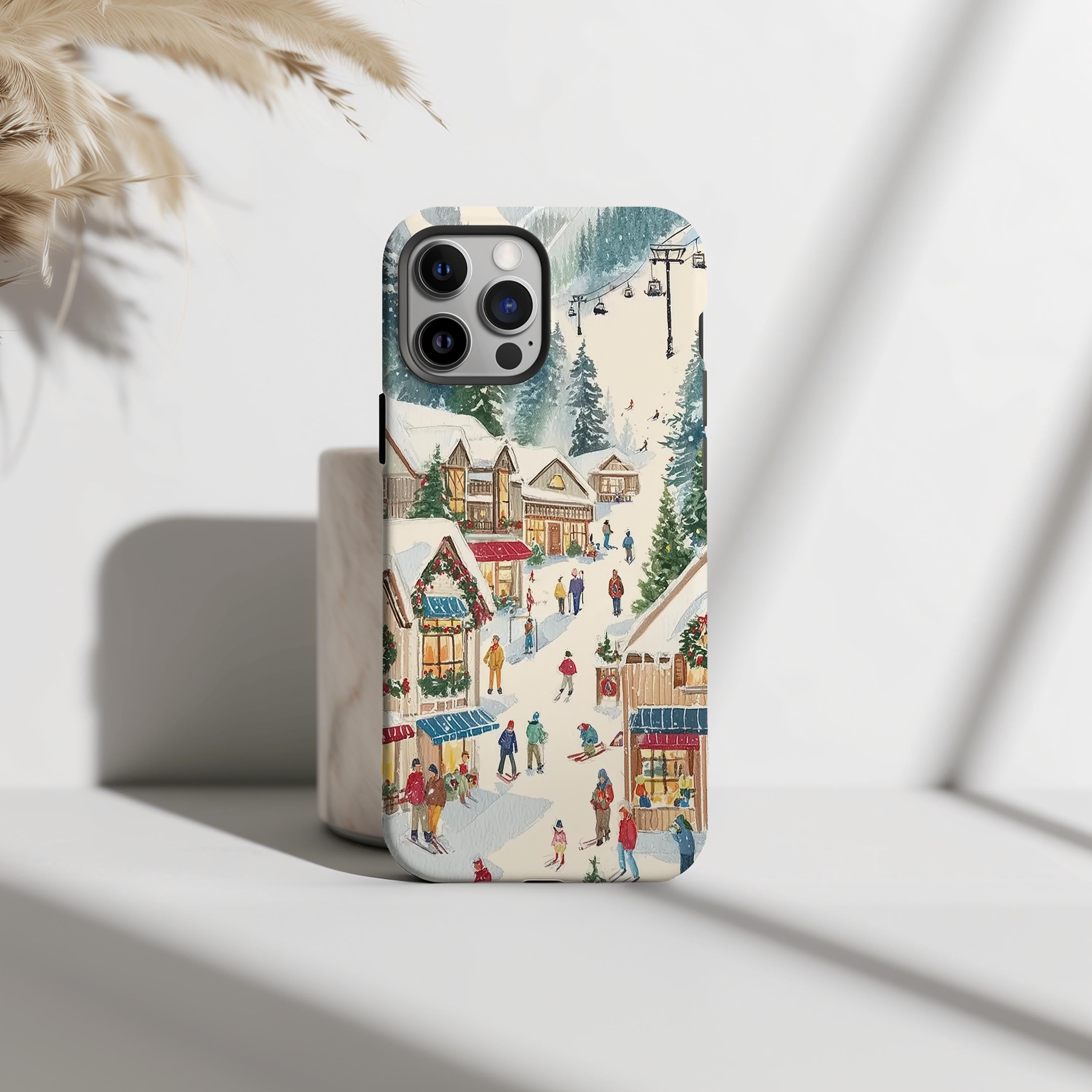 Festive Ski Village Phone Case Winter Snow Mountain Scene Art ...