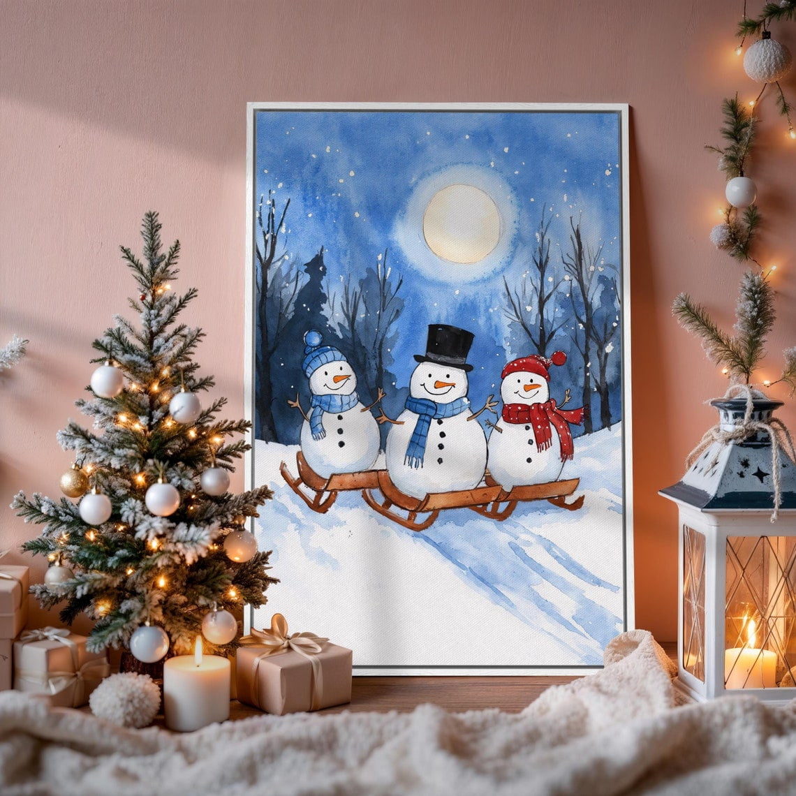 Festive Snowmen On Sled Poster Winter Moonlit Night Wall Art ...