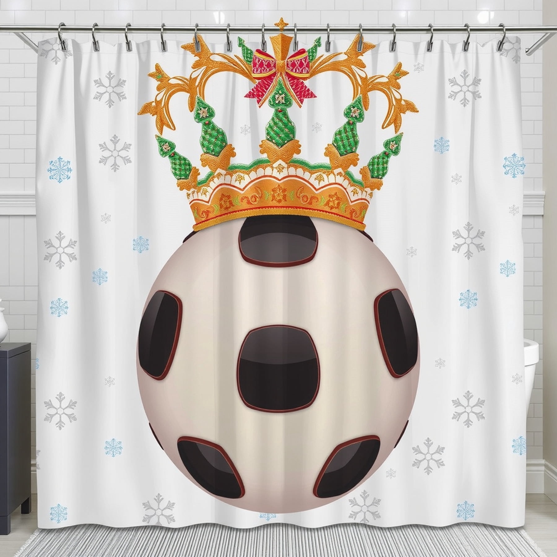 Festive Soccer Ball Shower Curtain with Golden Crown & Holiday Design ...