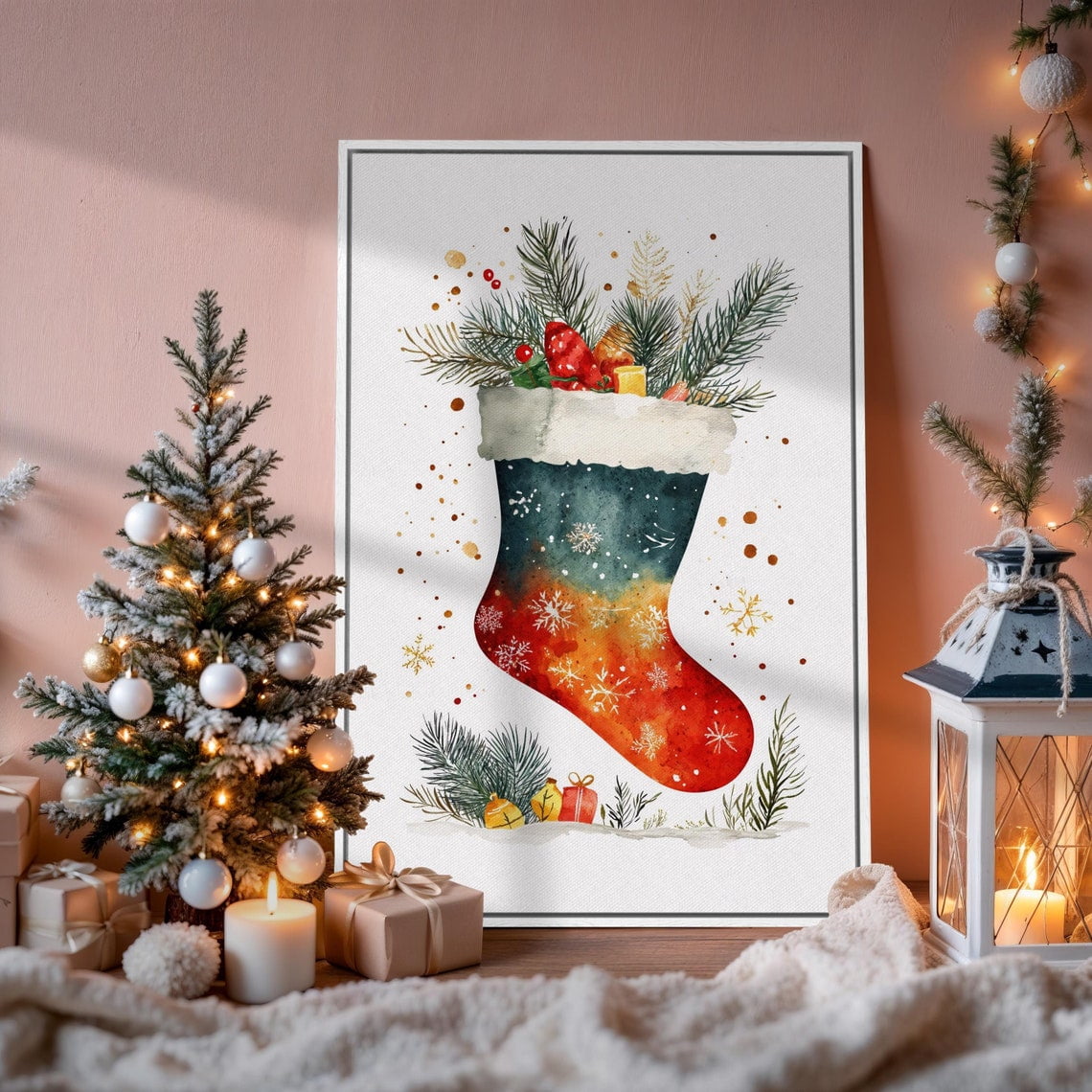 Festive Stocking Poster Winter Decoration Wall Art Pine Twigs ...