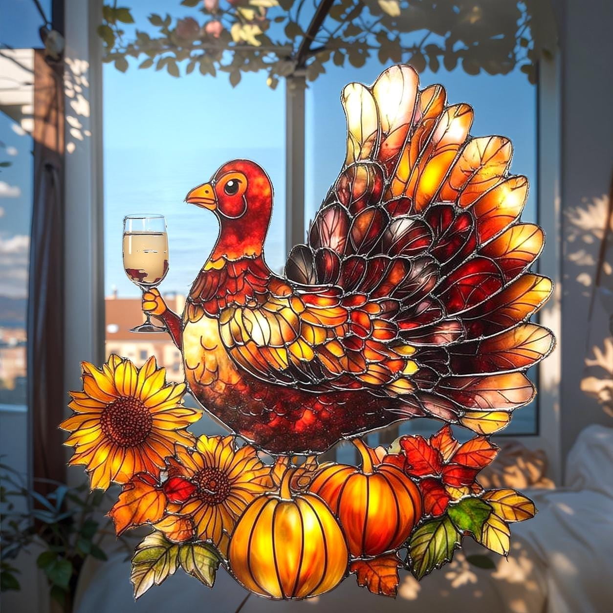 Festive Turkey With Wine Wavy Acrylic Suncatcher, Faux Stained Glass ...