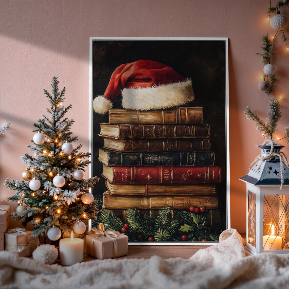 Festive Vintage Books Print Christmas Nostalgia Wall Art Santa Hat ...
