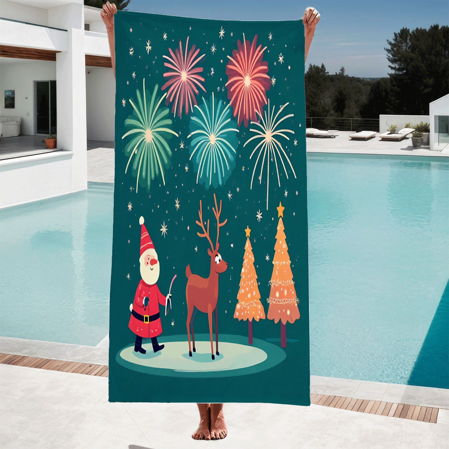 Festive Winter Scene Bath Towel - Santa Claus & Reindeer Design with ...