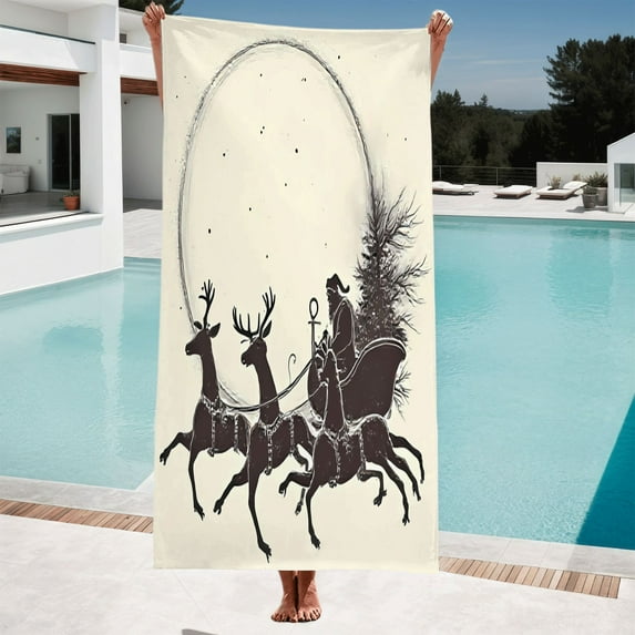 Festive Winter Scene Bath Towel - Sleigh Reindeer & Santa Claus Design ...