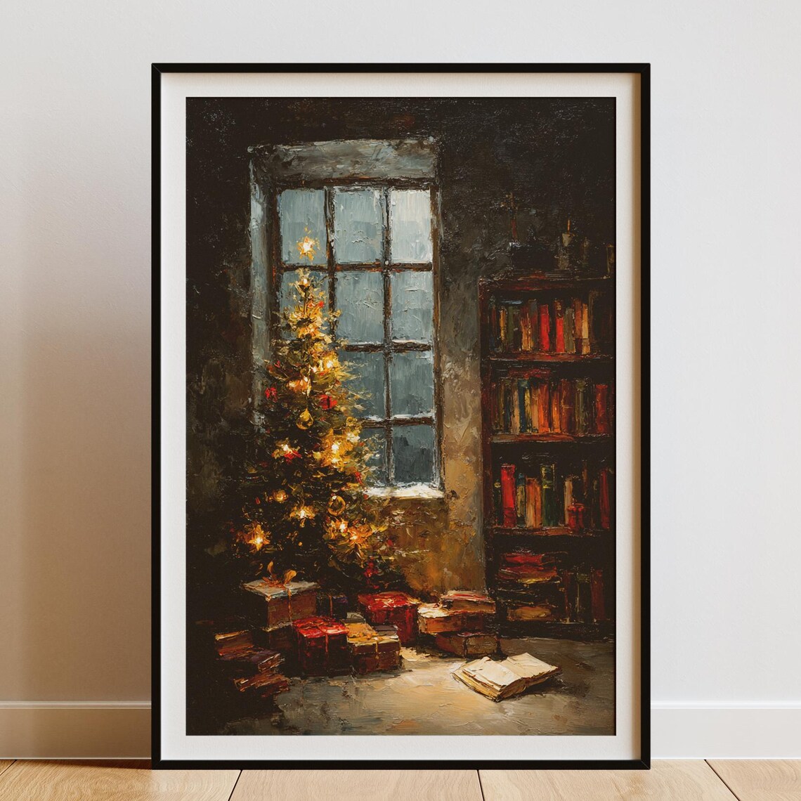 Festive Winter Tree Poster, Books By The Window Wall Art, Cozy Seasonal ...