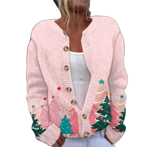 Festive Women's Christmas Pattern Print Button Up Cardigan Sweater ...
