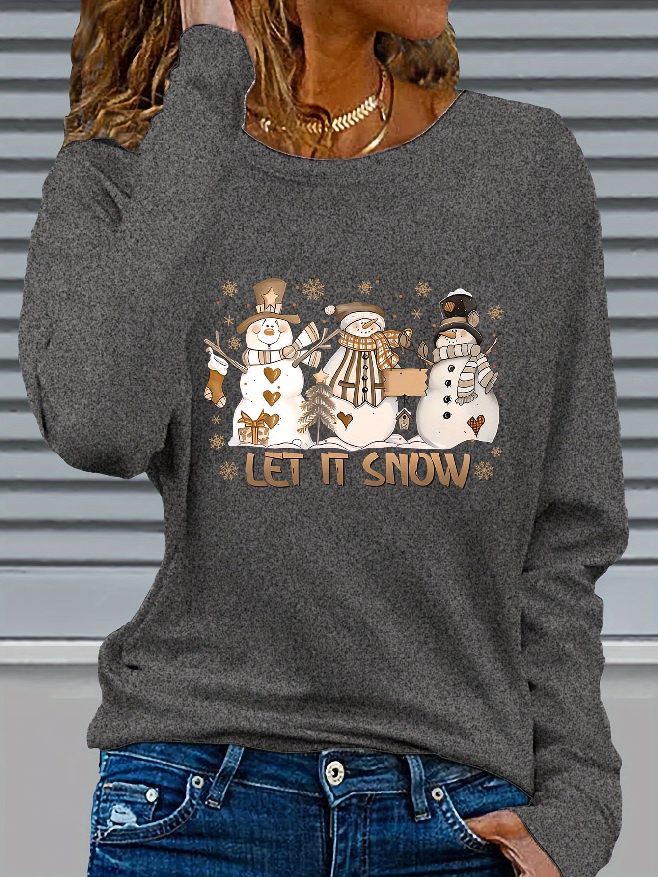 Festive Women's Christmas Snowman Graphic Long Sleeve T-Shirt • Cozy ...