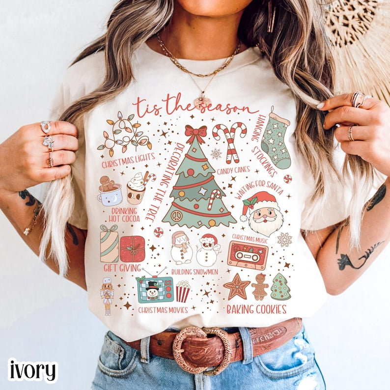 Festive Xmas Icons Illustration Tee, Adorable Holiday Doodle Art with ...
