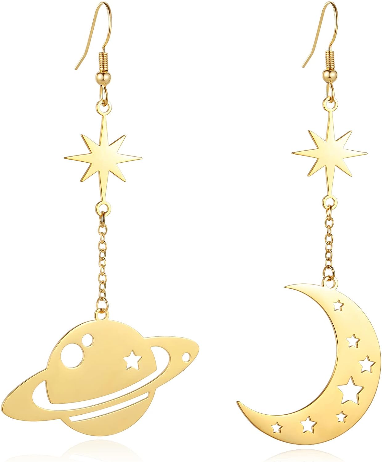 Space Dangle Earrings For Women Asymmetrical Celestial Moon Star Saturn ...